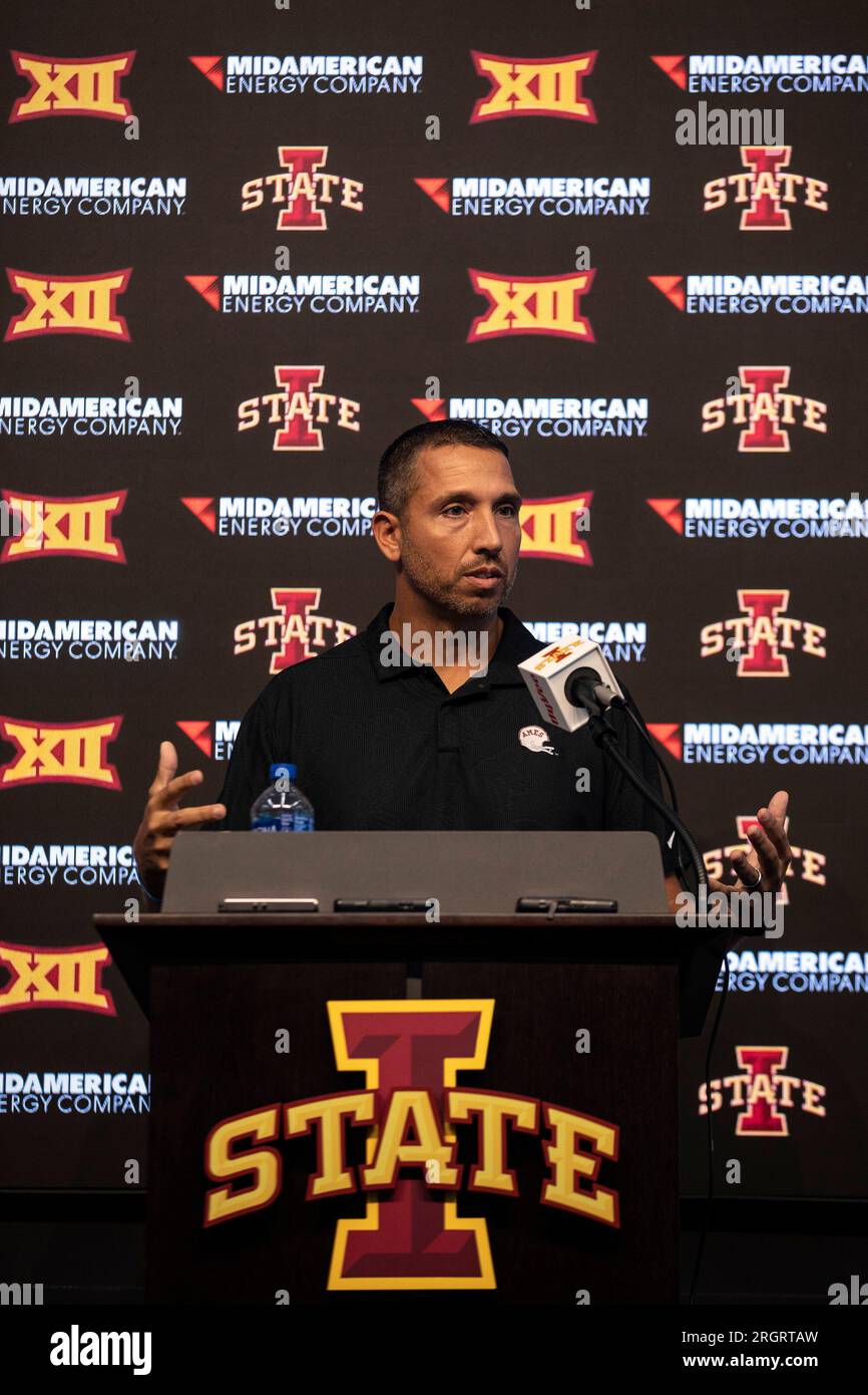 Iowa State head football coach Matt Campbell answers questions during ...