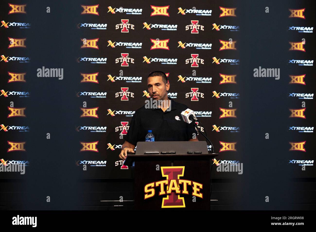 Iowa State head football coach Matt Campbell answers questions during ...