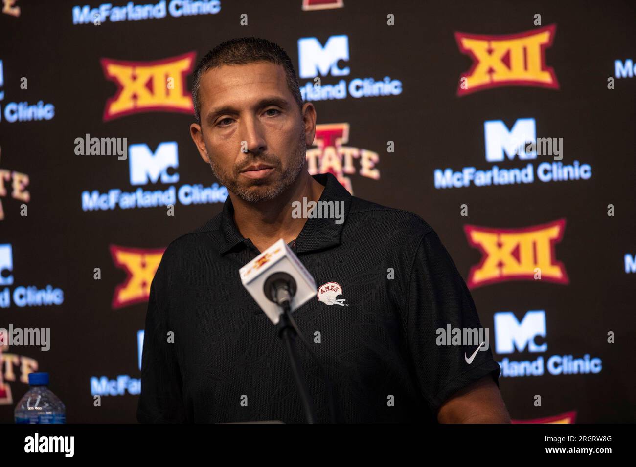 Iowa State head football coach Matt Campbell answers questions during ...