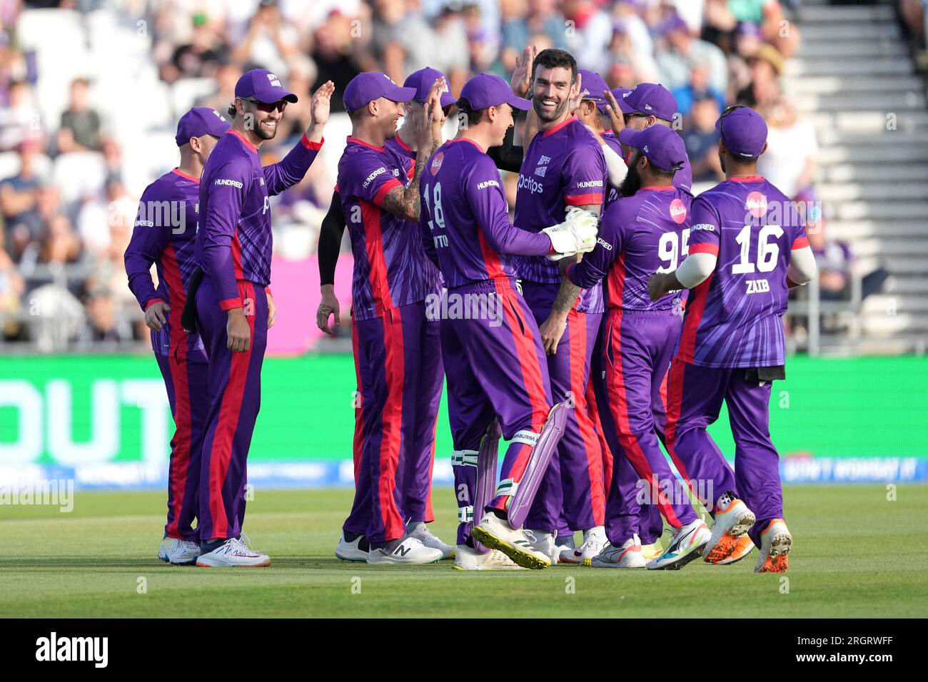 Northern Superchargers' Reece Topley (facing) celebrates with team ...