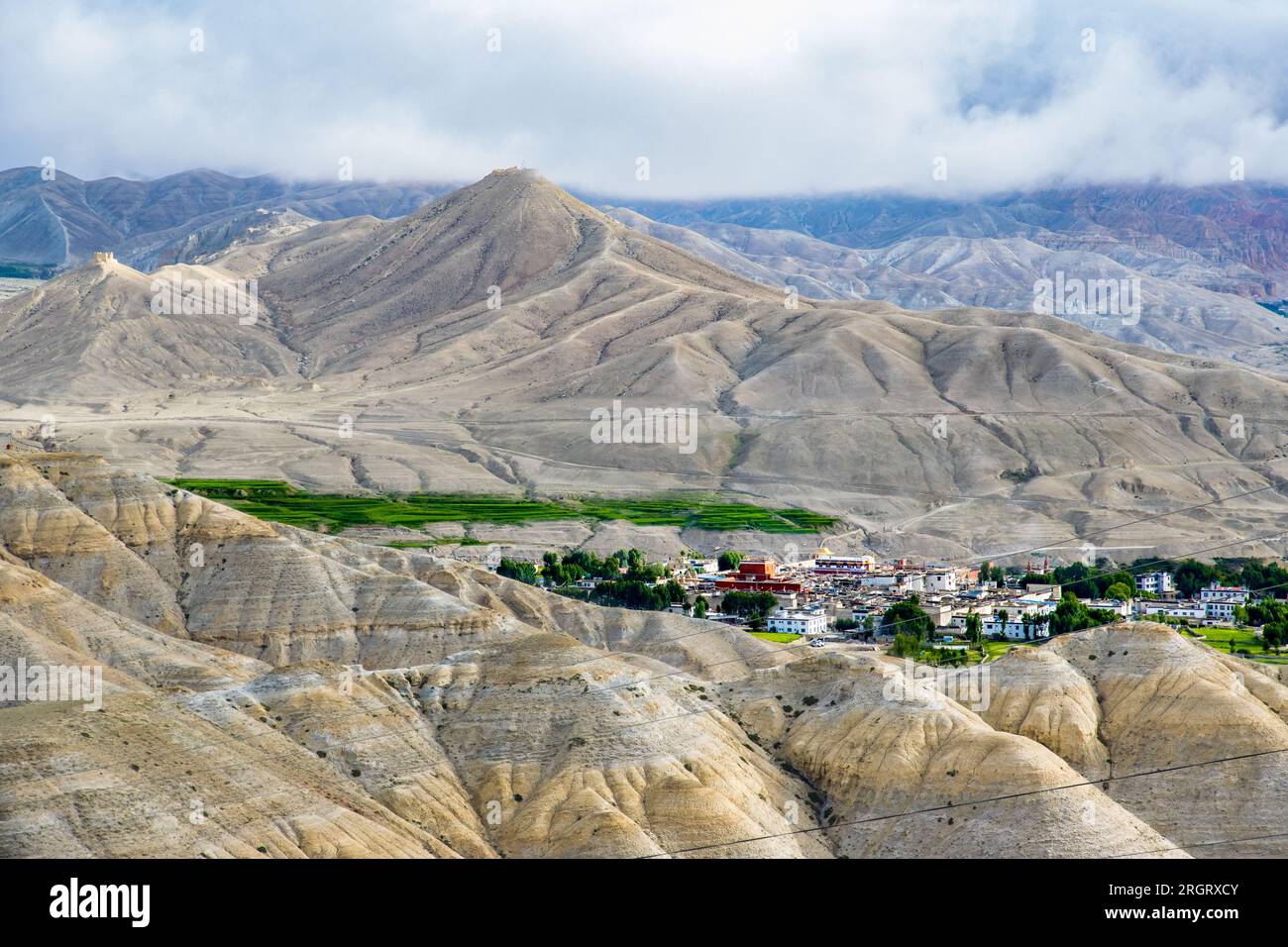 The panoramic view of Lho Manthang seen from Lo La Pass in Upper ...