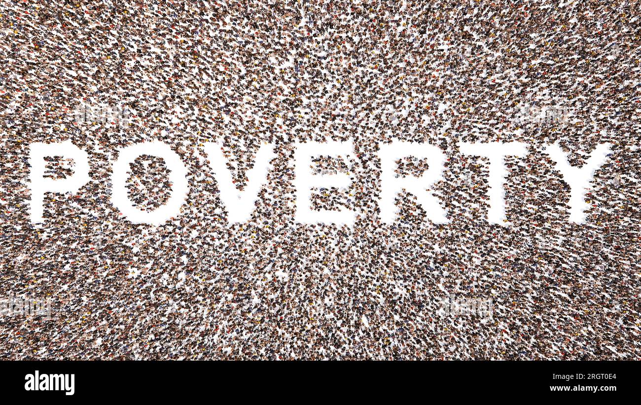 Conceptual large community of people forming the word POVERTY. 3d ...