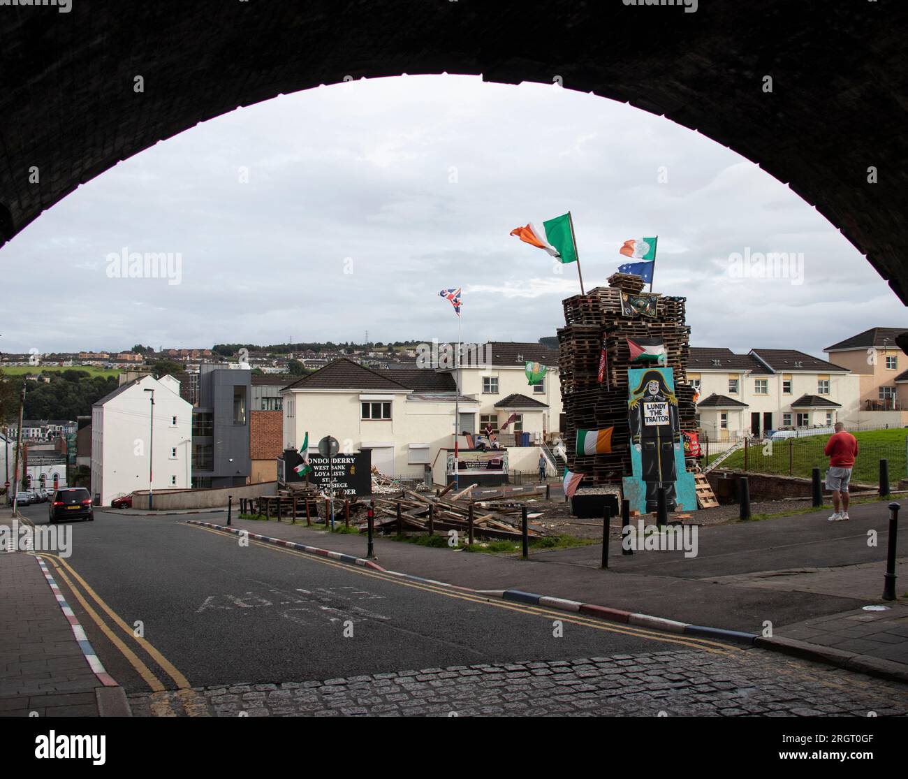 Loyalist Bonfire decked in Irish Flags in Derry's Fountain Estate Stock ...