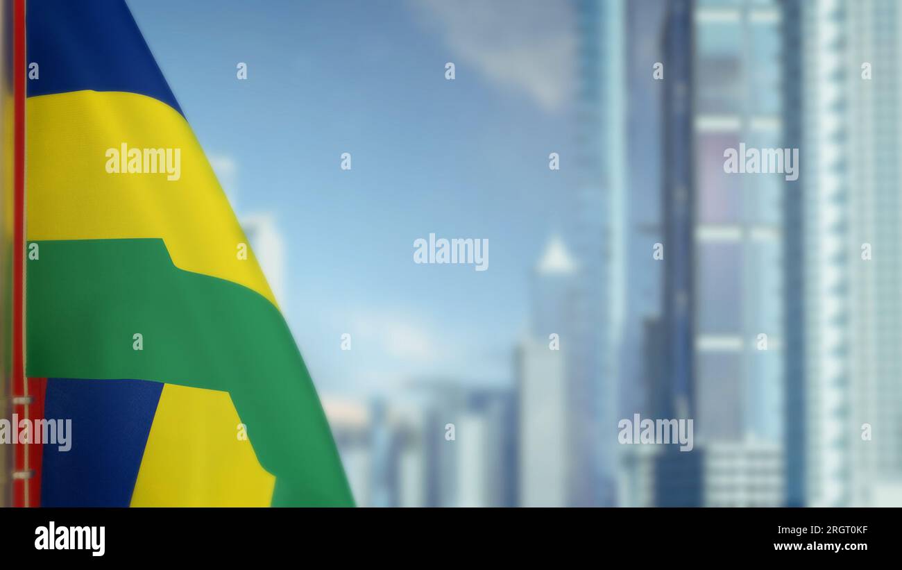 flag of Mauritius on modern city buildings bokeh bg for memorial day ...