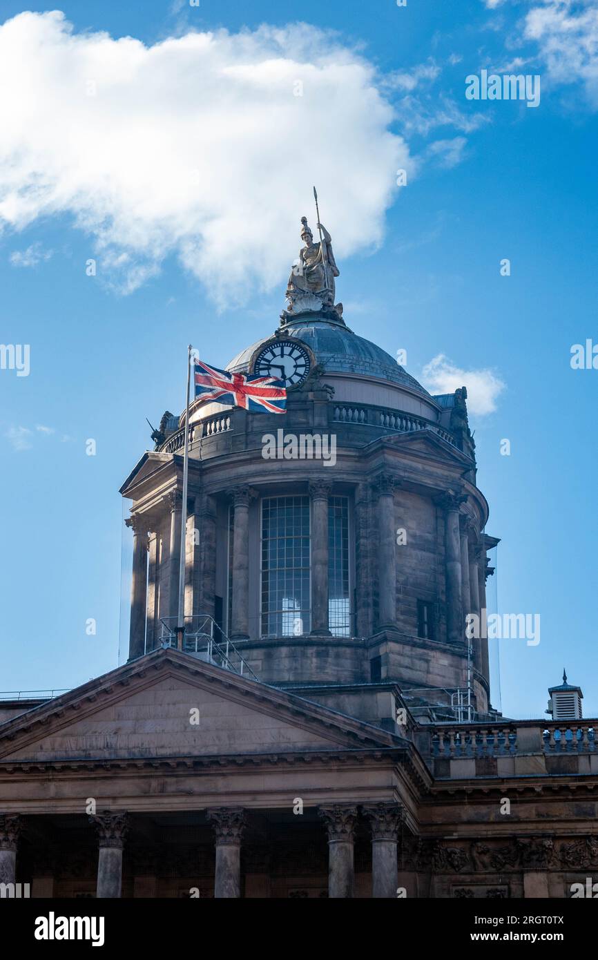 Liverpool Town Hall clock tower with British flag flying Stock Photo ...