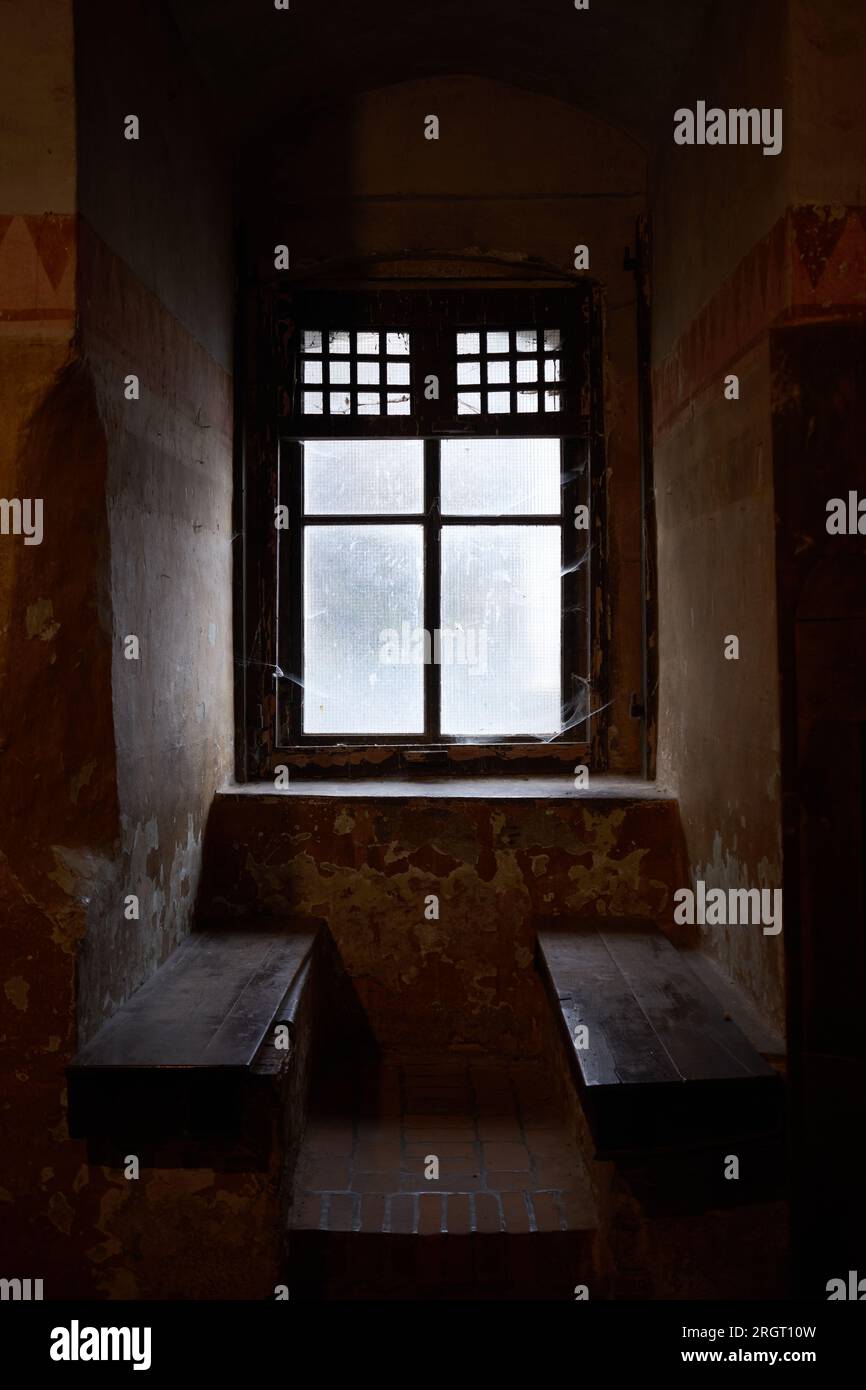 window with brayed leaves in a medieval building somewhere in italy ...