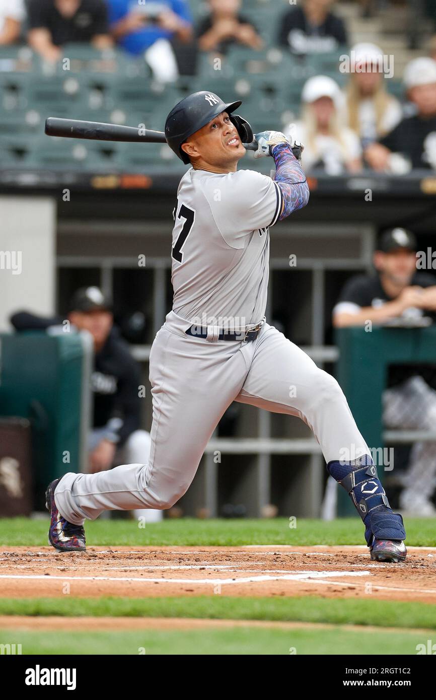New York Yankees right fielder Giancarlo Stanton (27) watches his ball ...