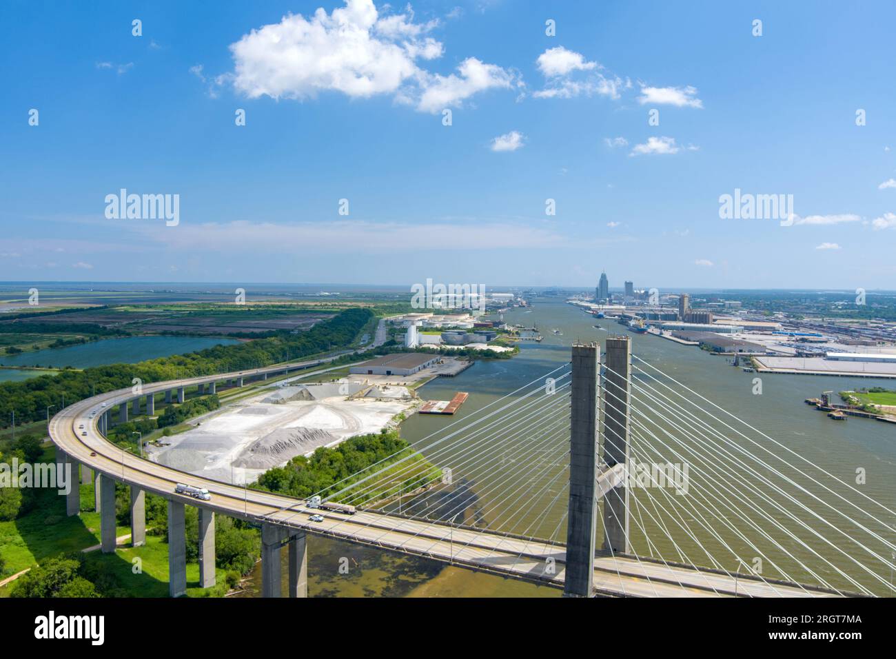 Aerial view of the Cochrane Africatown Bridge and the downtown Mobile ...
