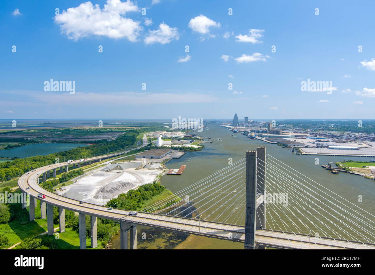 Aerial view of the Cochrane Africatown Bridge and the downtown Mobile ...
