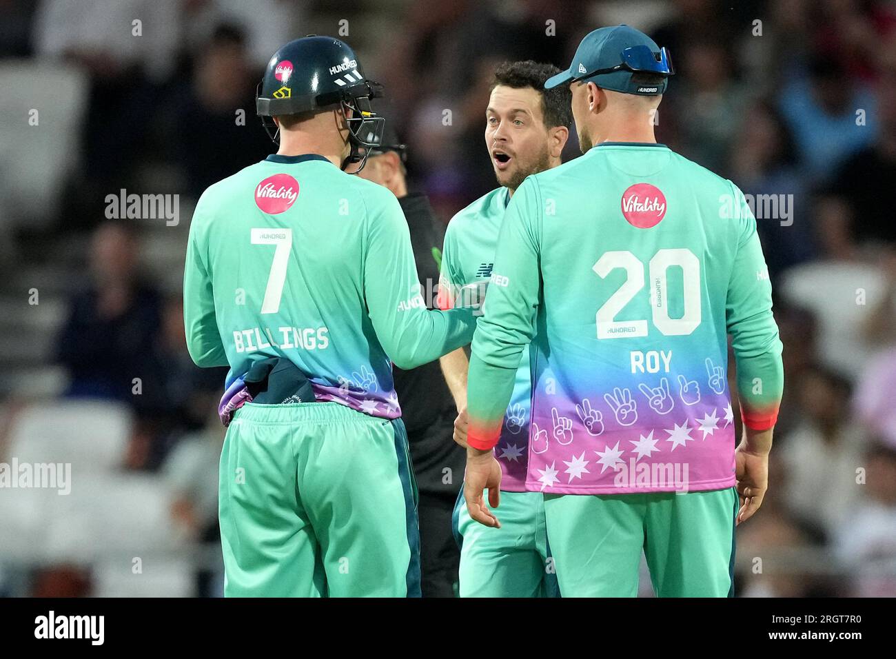 Oval Invincibles' Nathan Sowter (centre) celebrates the wicket of ...