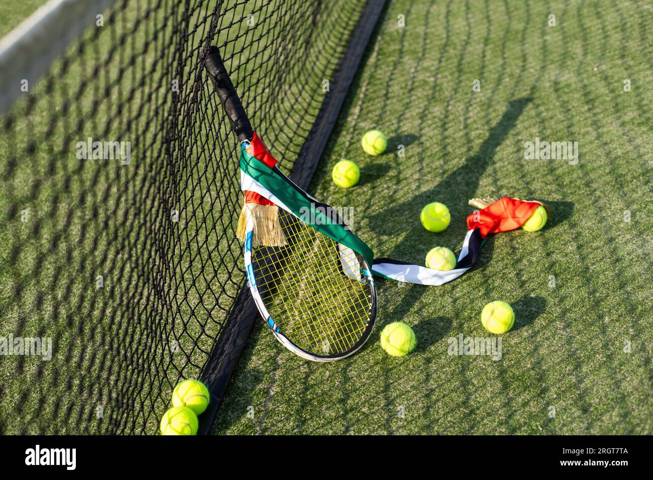 Tennis court Top view Six tennis balls and racket on the green grass ...