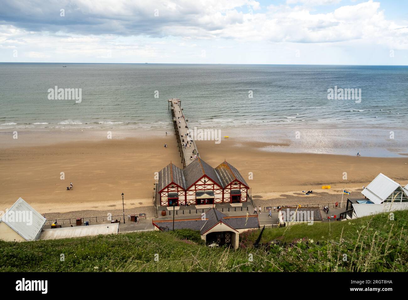Top down view of the pier in the seaside town of Saltburn-next-the-Sea ...