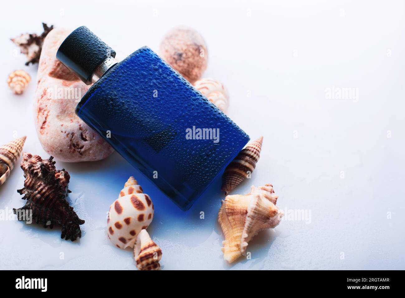 Perfume concept with sea notes. Frosted glass perfume bottle with sea ...