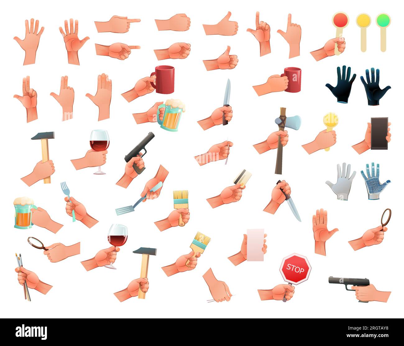 Human hands with items set. Gestures are different. Fun cartoon style ...