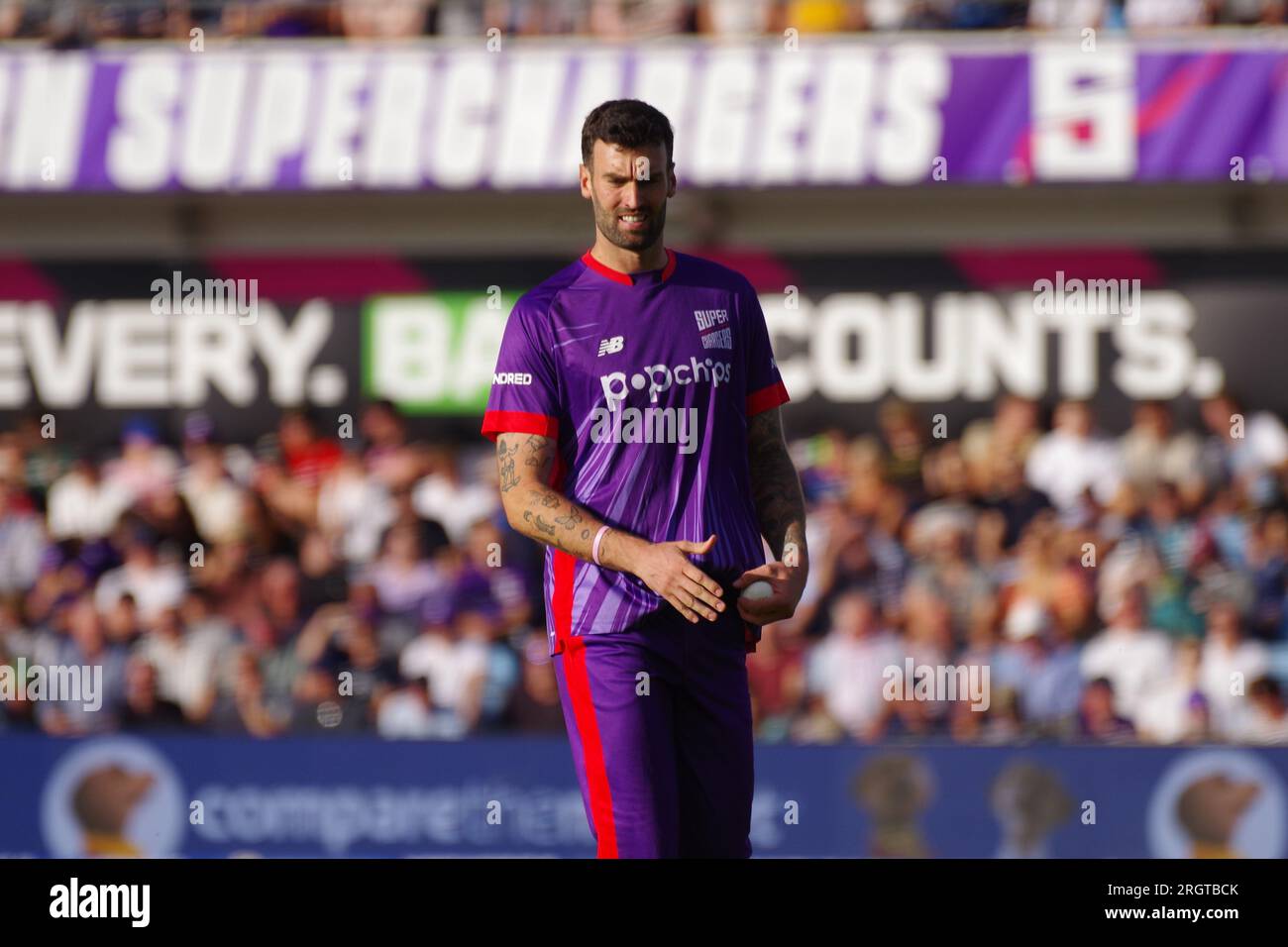Leeds, 11 August 2023. Reece Topley bowling for Northern Superchargers ...