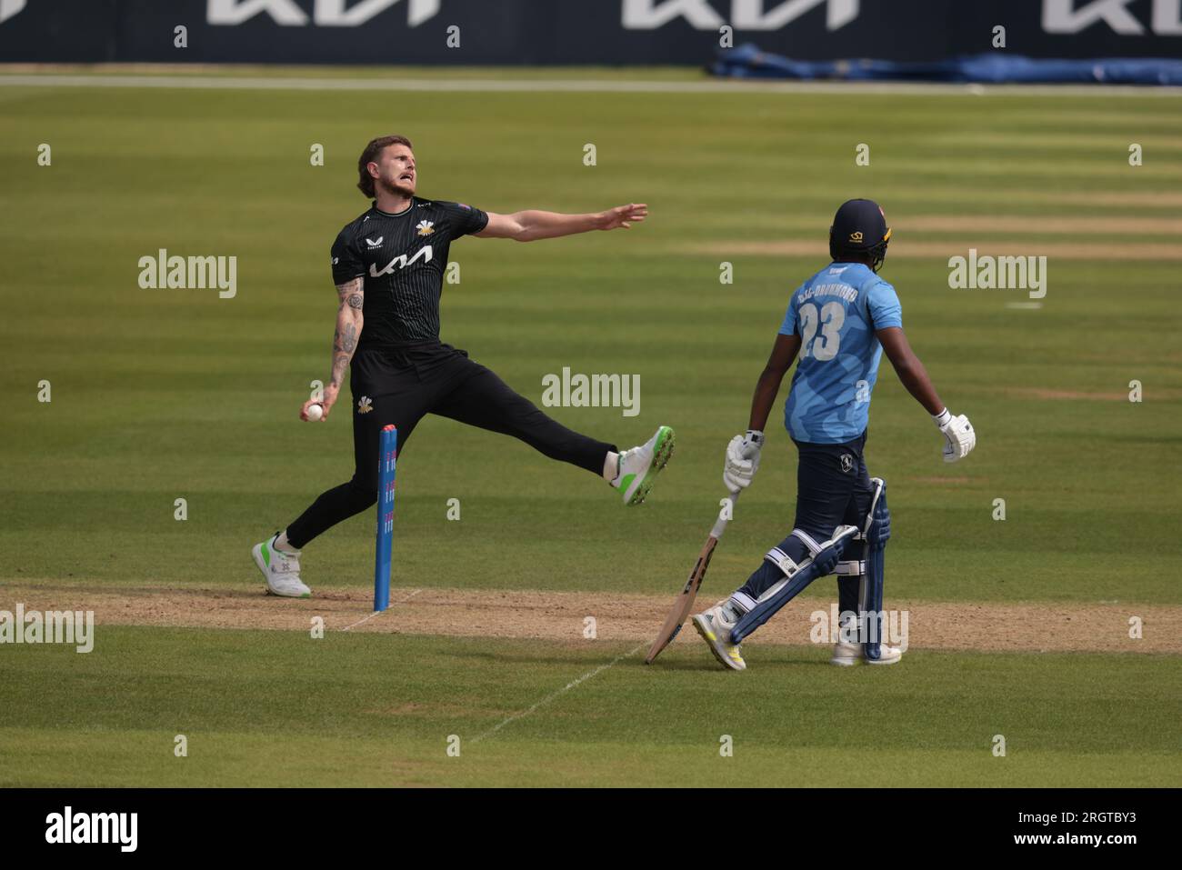London, UK. 11th Aug, 2023. Surrey's Conor McKerr bowling as Surrey ...