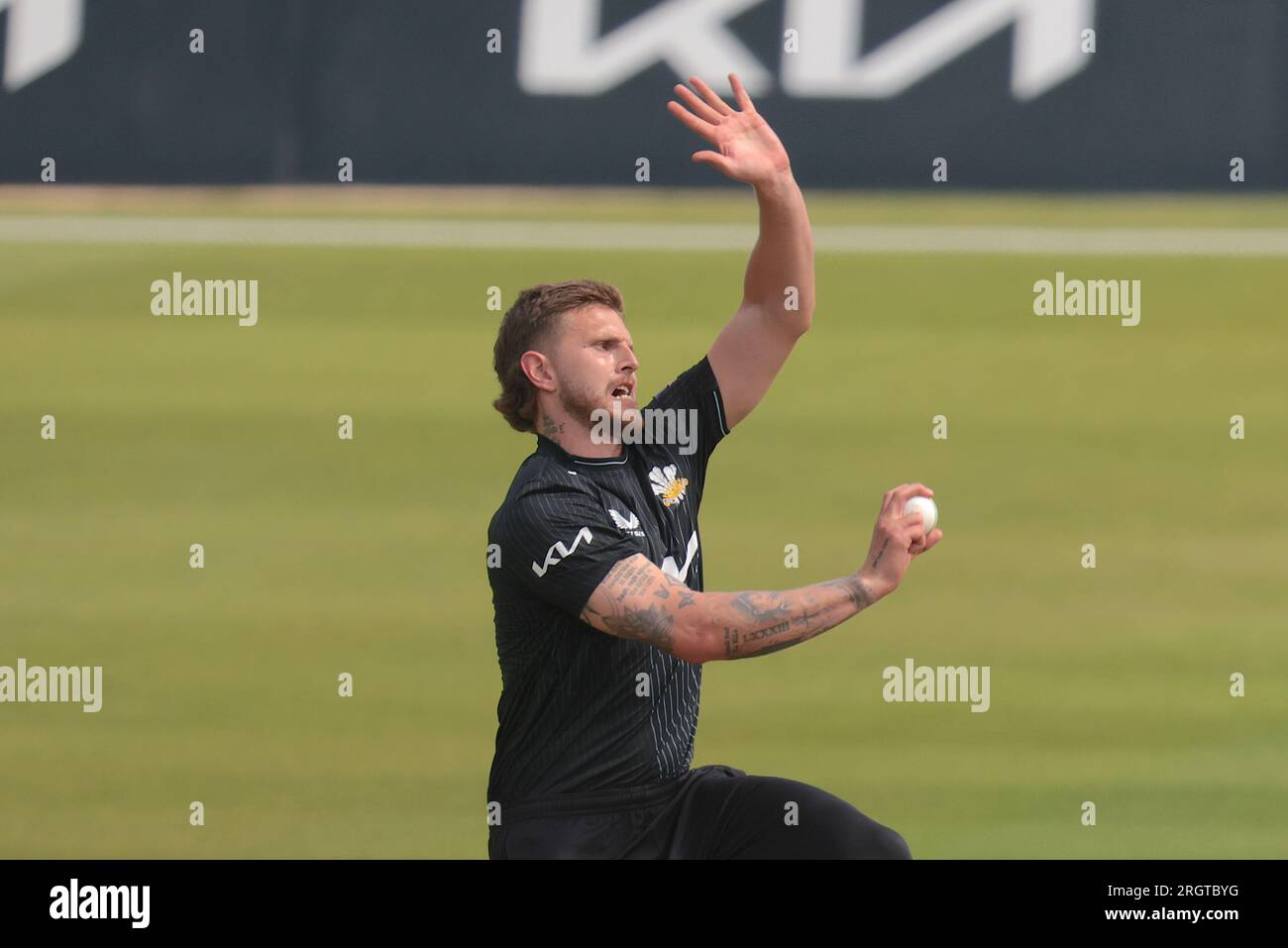 London, UK. 11th Aug, 2023. Surrey's Conor McKerr bowling as Surrey ...