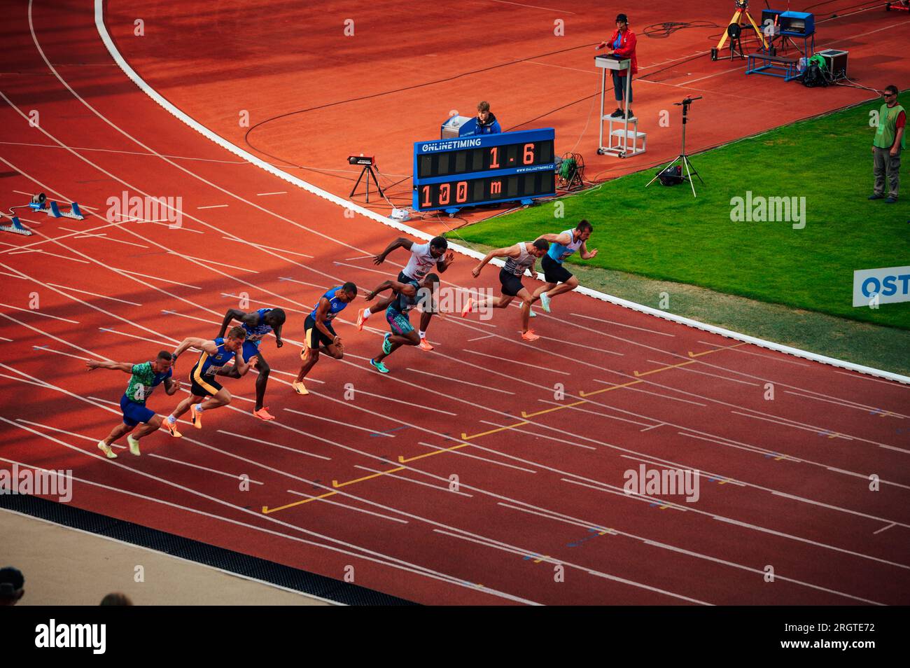 OSTRAVA, CZECHIA, JUNE 27, 2023: 100m Sprint Male Race Visualized During Track and Field Meet ...