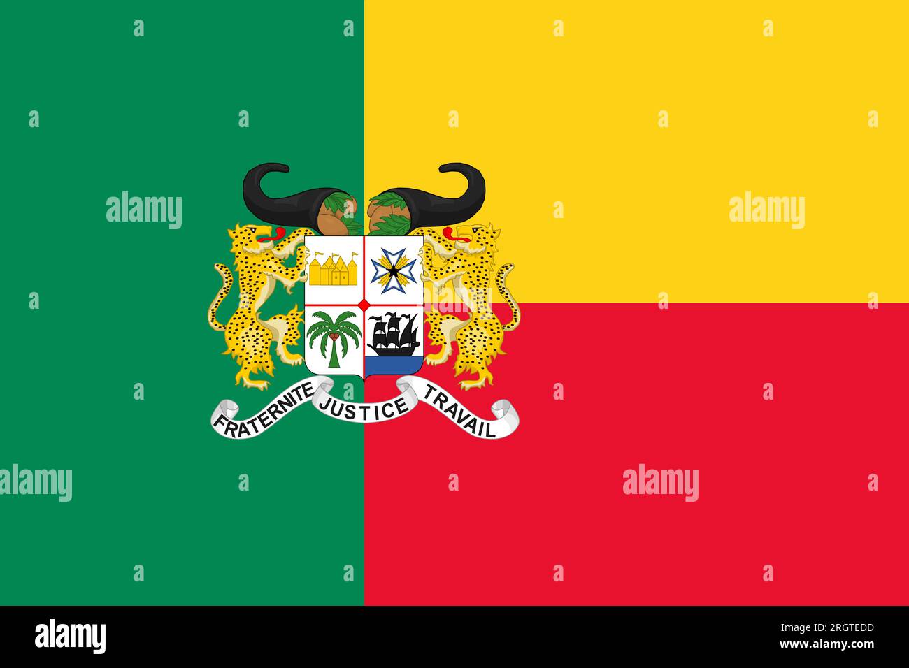 The official current flag and coat of arms of Republic of Benin. State ...