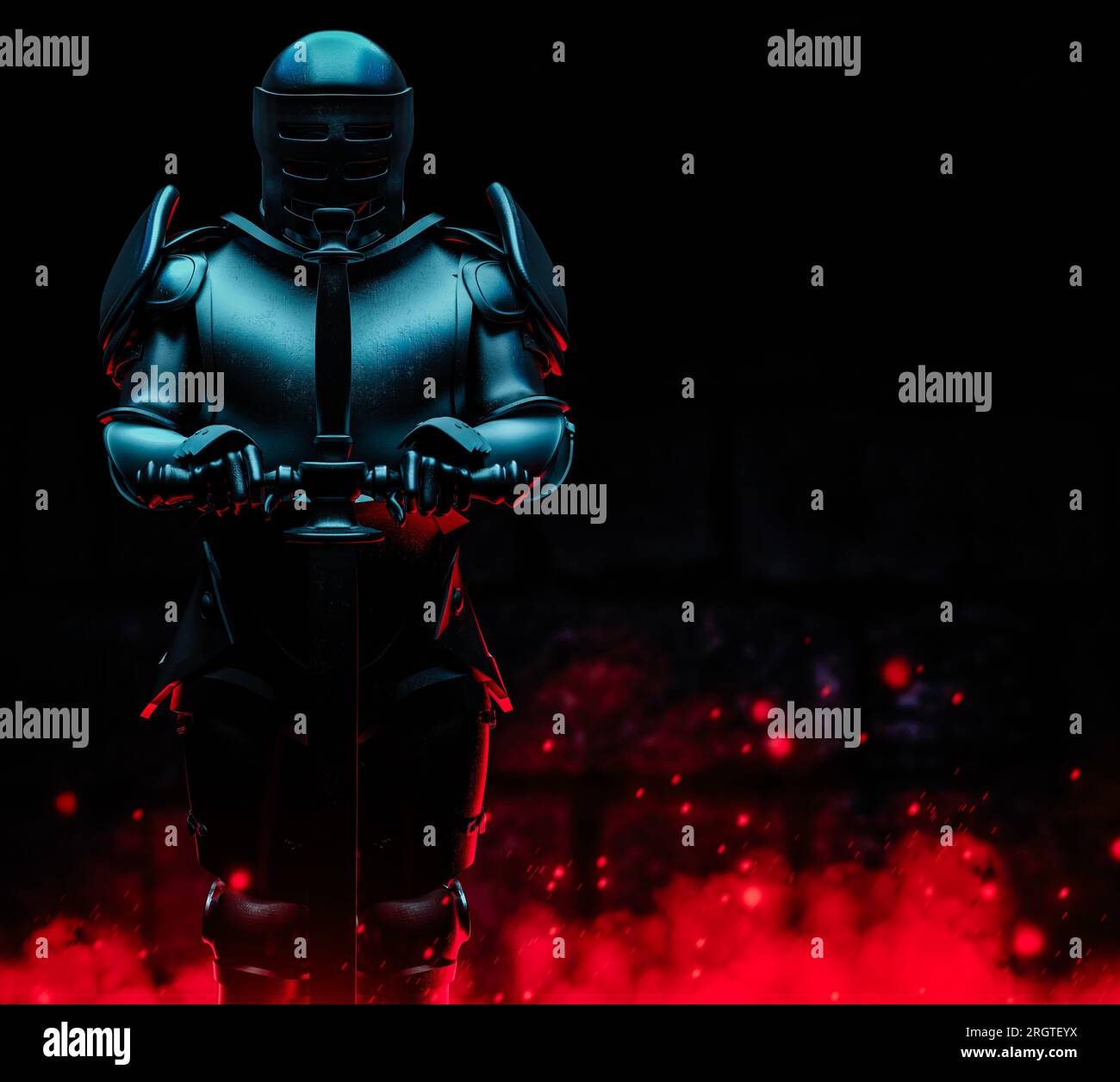 3d render illustration of dark shaded medieval knight standing with ...