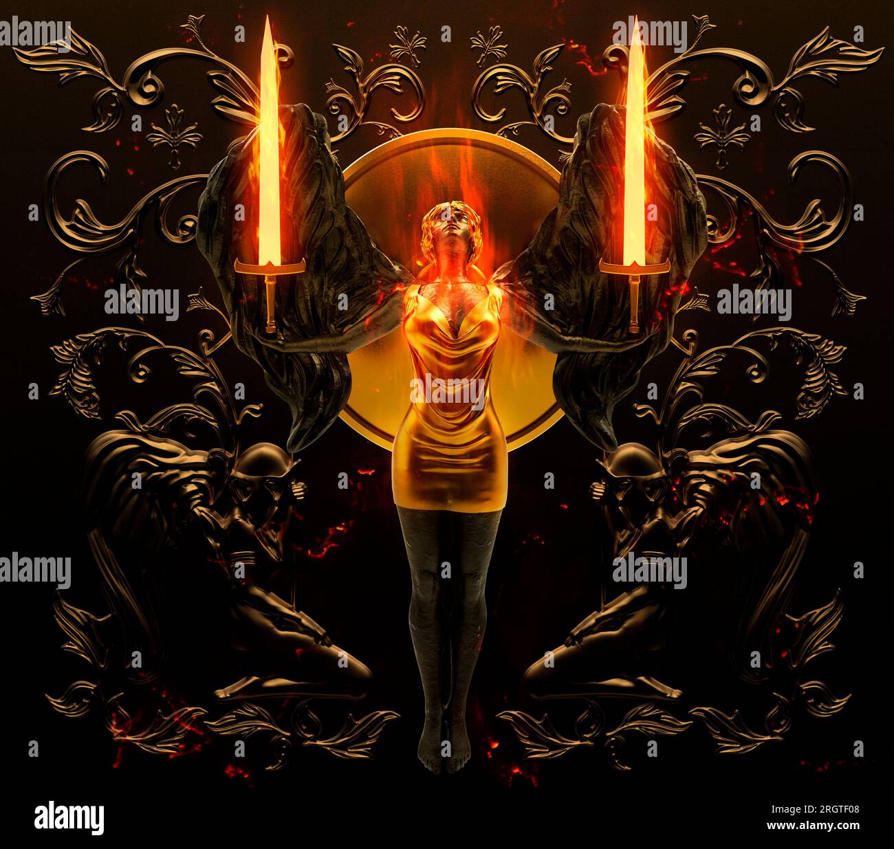 3d render illustration of golden female angel statue with swords and ...