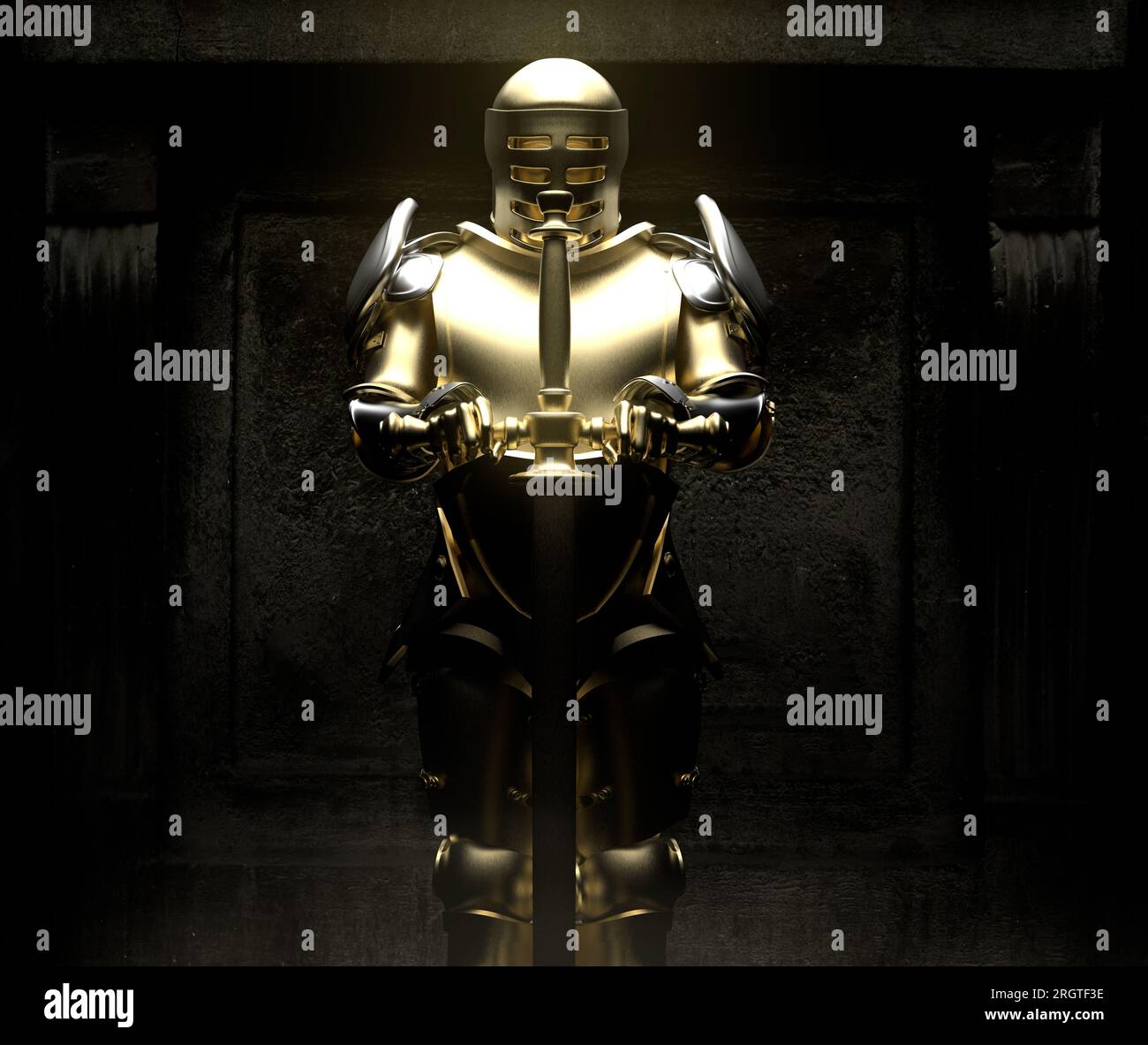 3d render illustration of shaded golden medieval armored knight ...