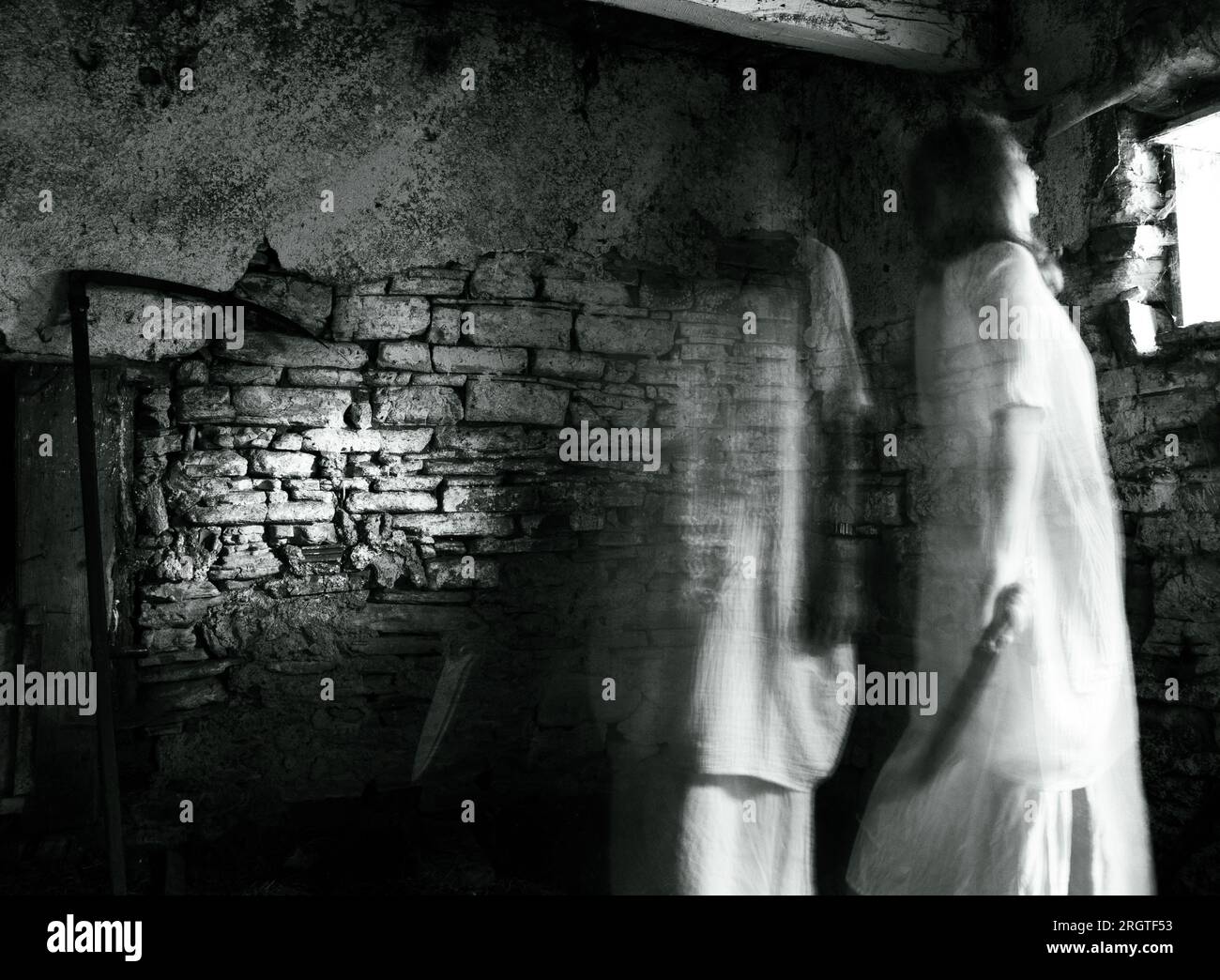 scary ghost in abandoned building at night Halloween background Stock ...