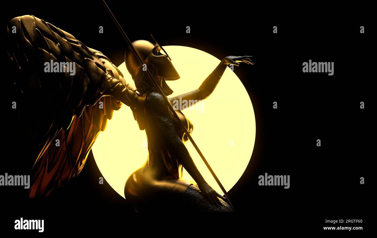 3d Render Illustration Of Antique Golden Female Warrior Angel Statue Sitting With Spear And
