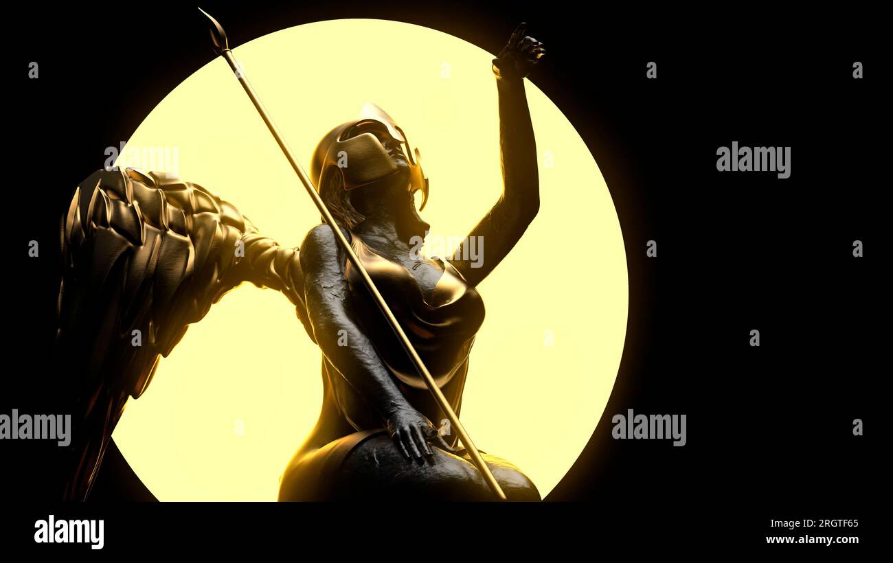 3d render illustration of antique golden female warrior angel statue ...