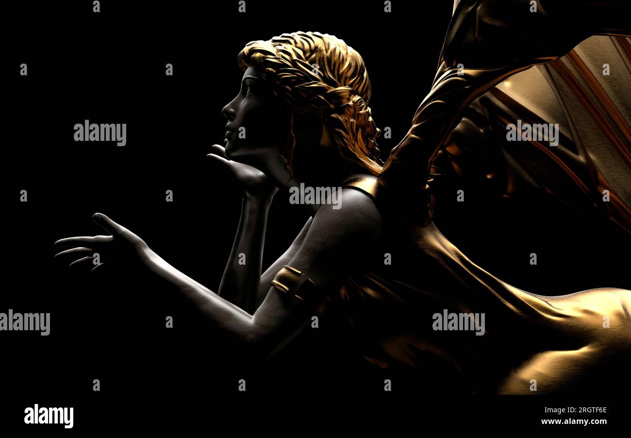 3d render illustration of antique golden and black marble female angel ...