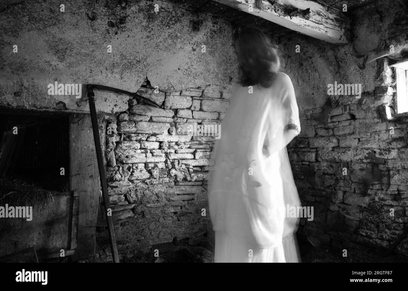 scary ghost in abandoned building at night Halloween background Stock ...