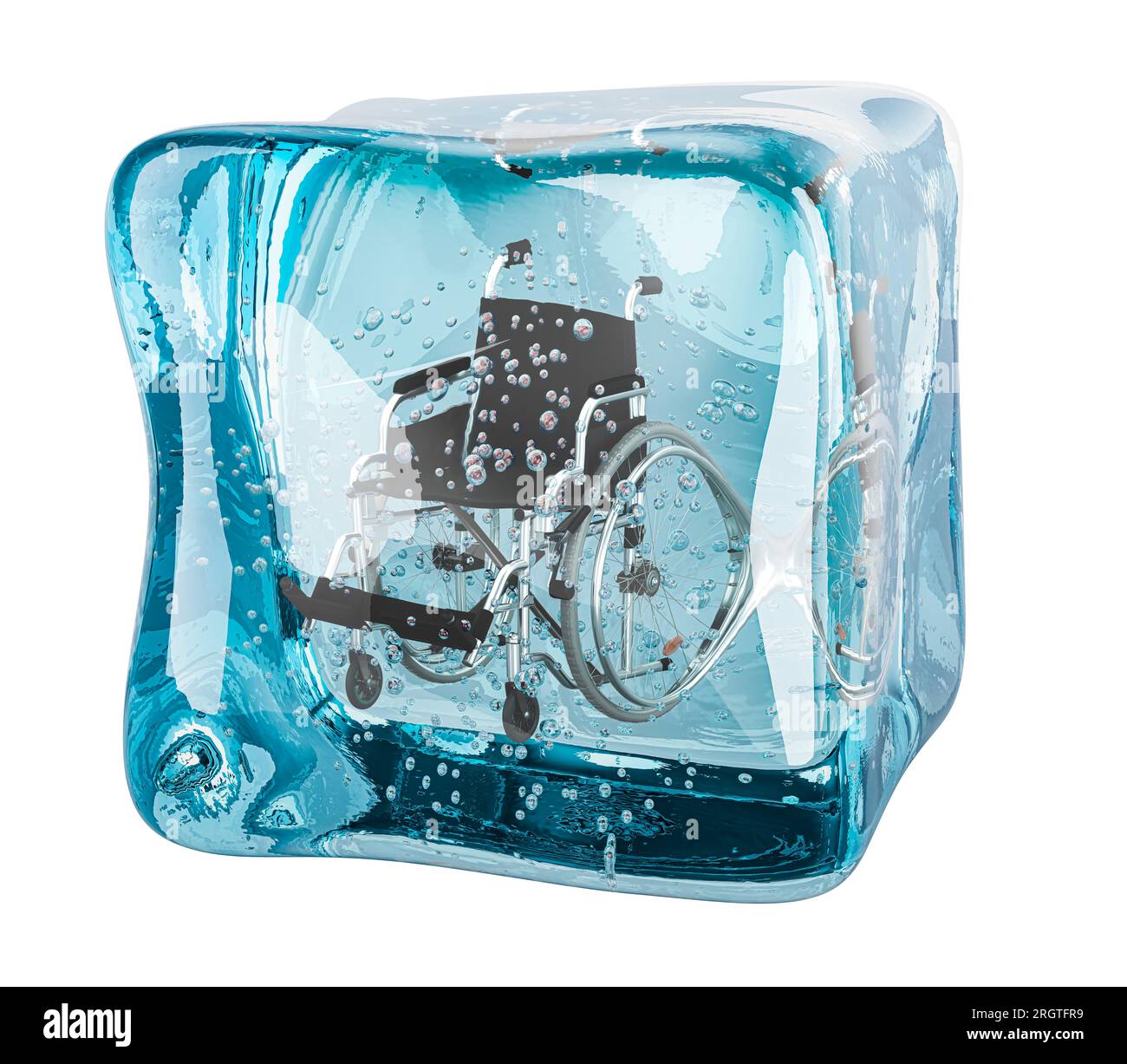 Manual wheelchair frozen in ice cube, 3D rendering isolated on white ...