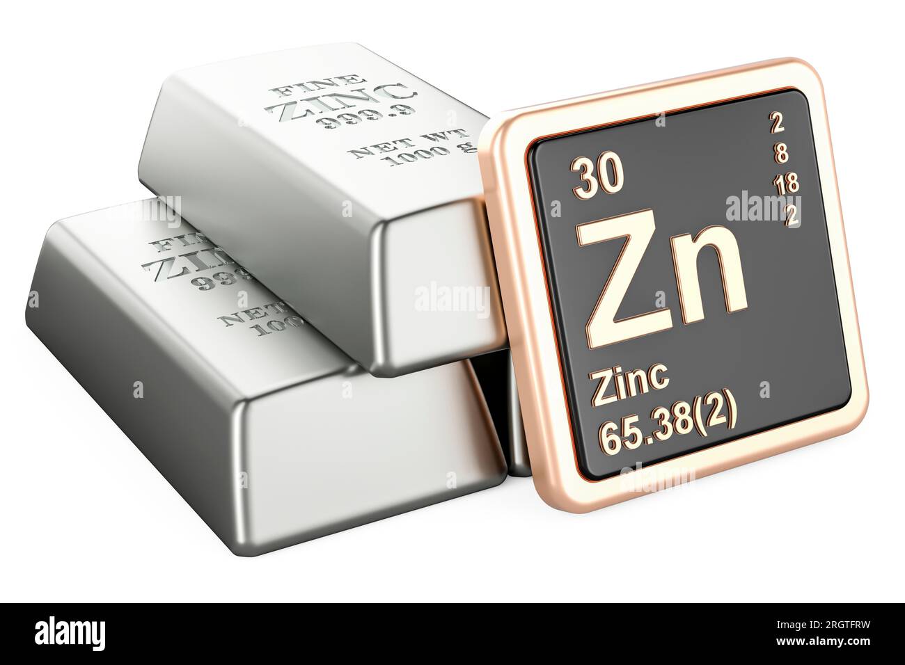 Zinc ingots with chemical element icon Zinc Zn, 3D rendering isolated ...