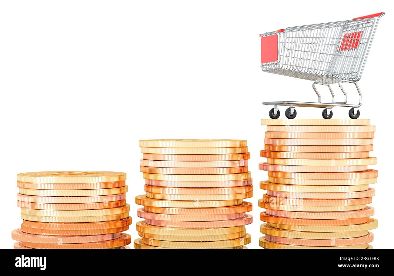 Shopping cart with stacks of growing gold coins. 3D rendering isolated ...