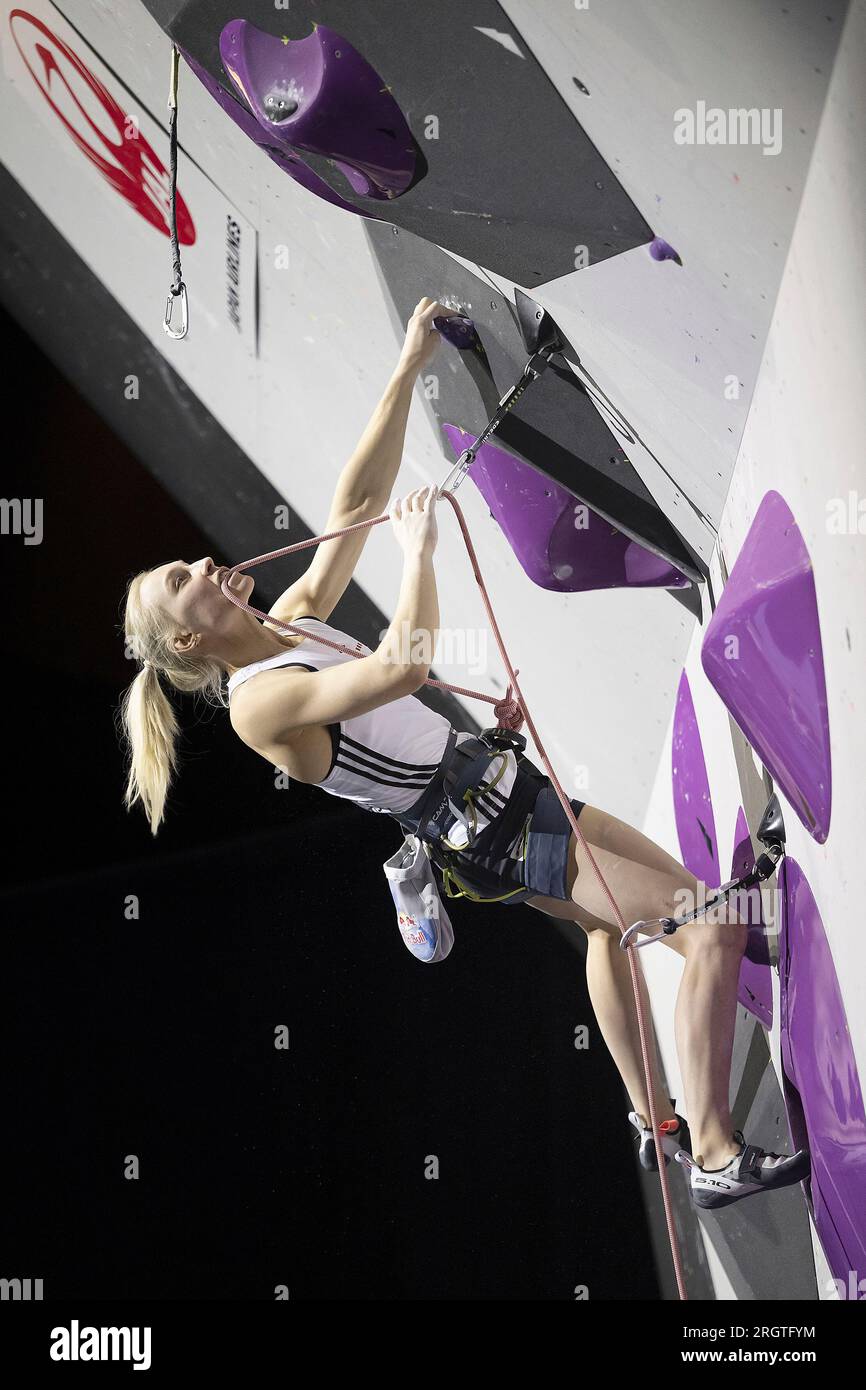 Slovenia's Janja Garnbret competes in the women's Boulder and Lead ...