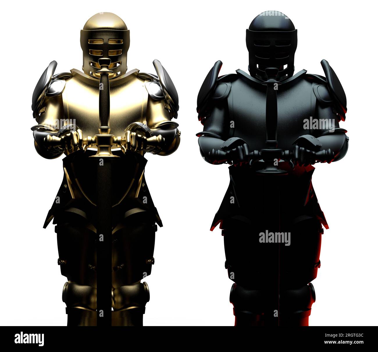 Isolated 3d render illustration of golden and black steel medieval ...