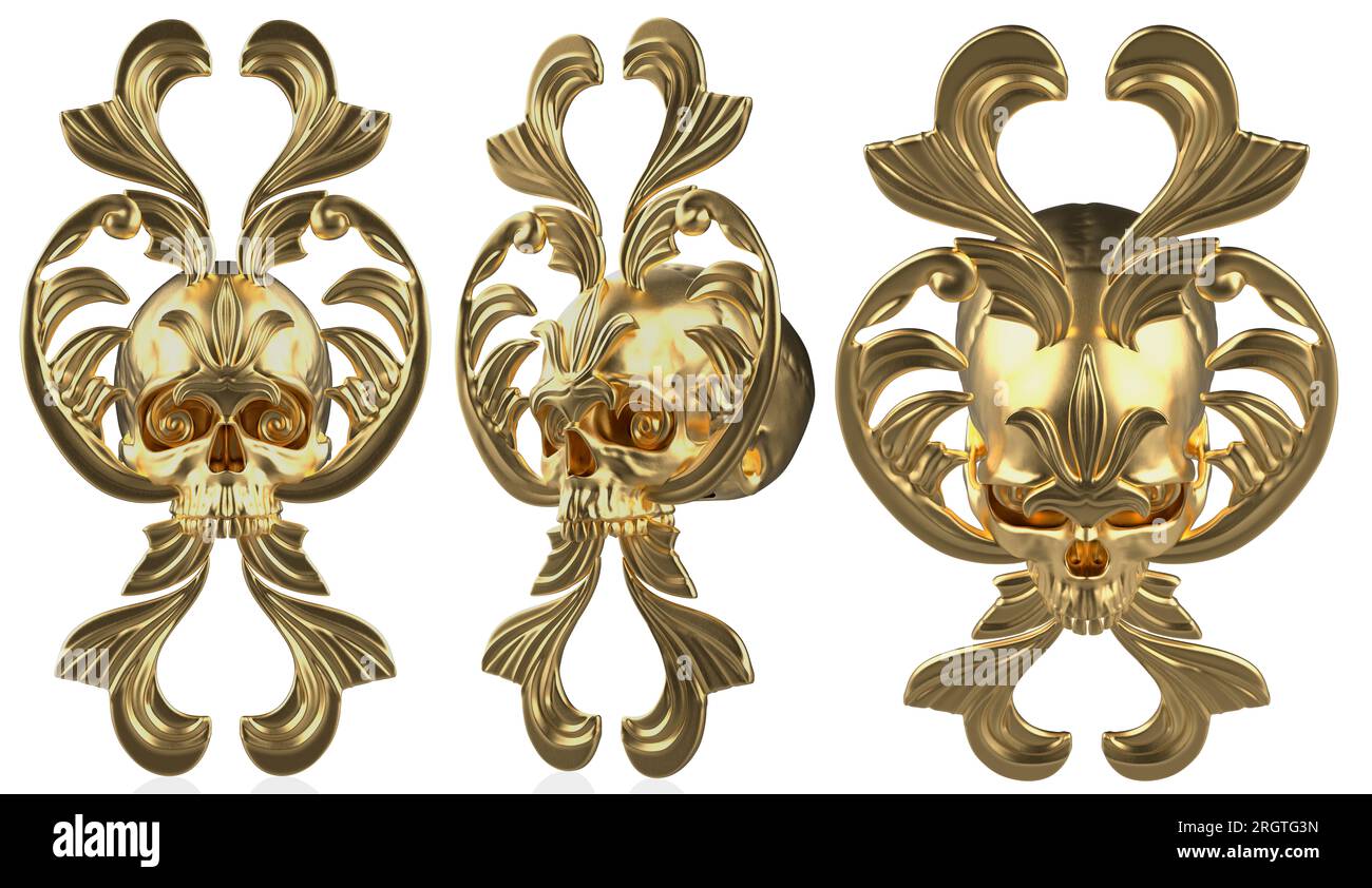 Isolated 3d render illustration of golden gothic baroque ornate skull ...