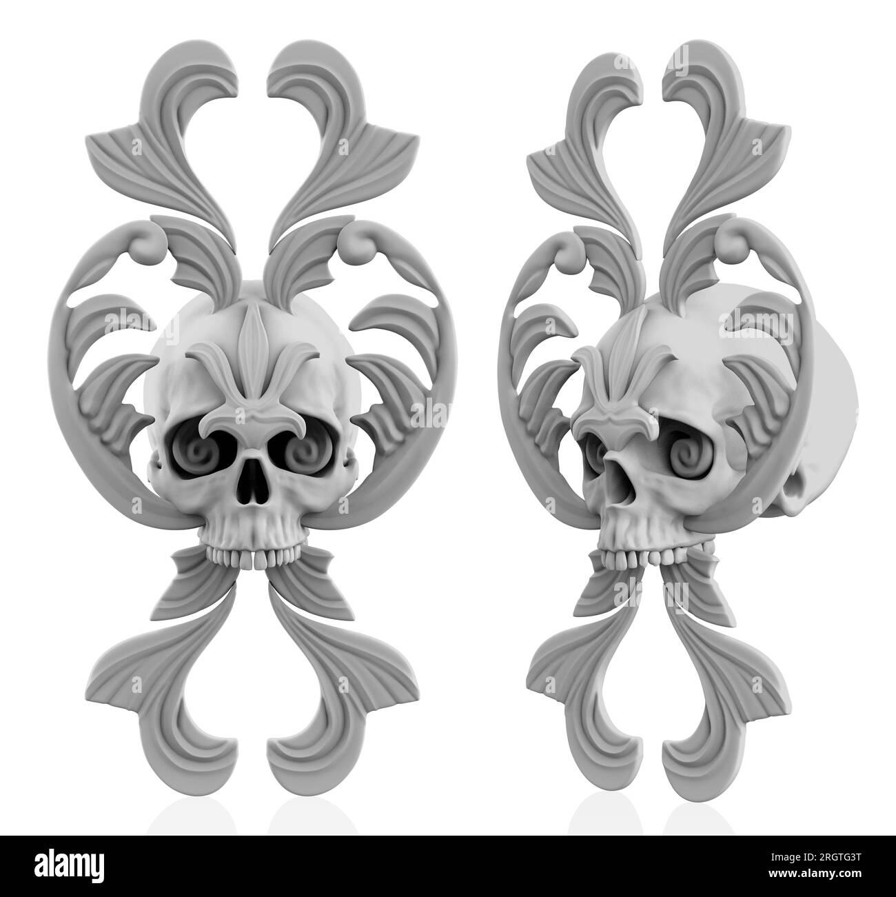 Isolated 3d render illustration of clay gothic baroque ornate skull ...