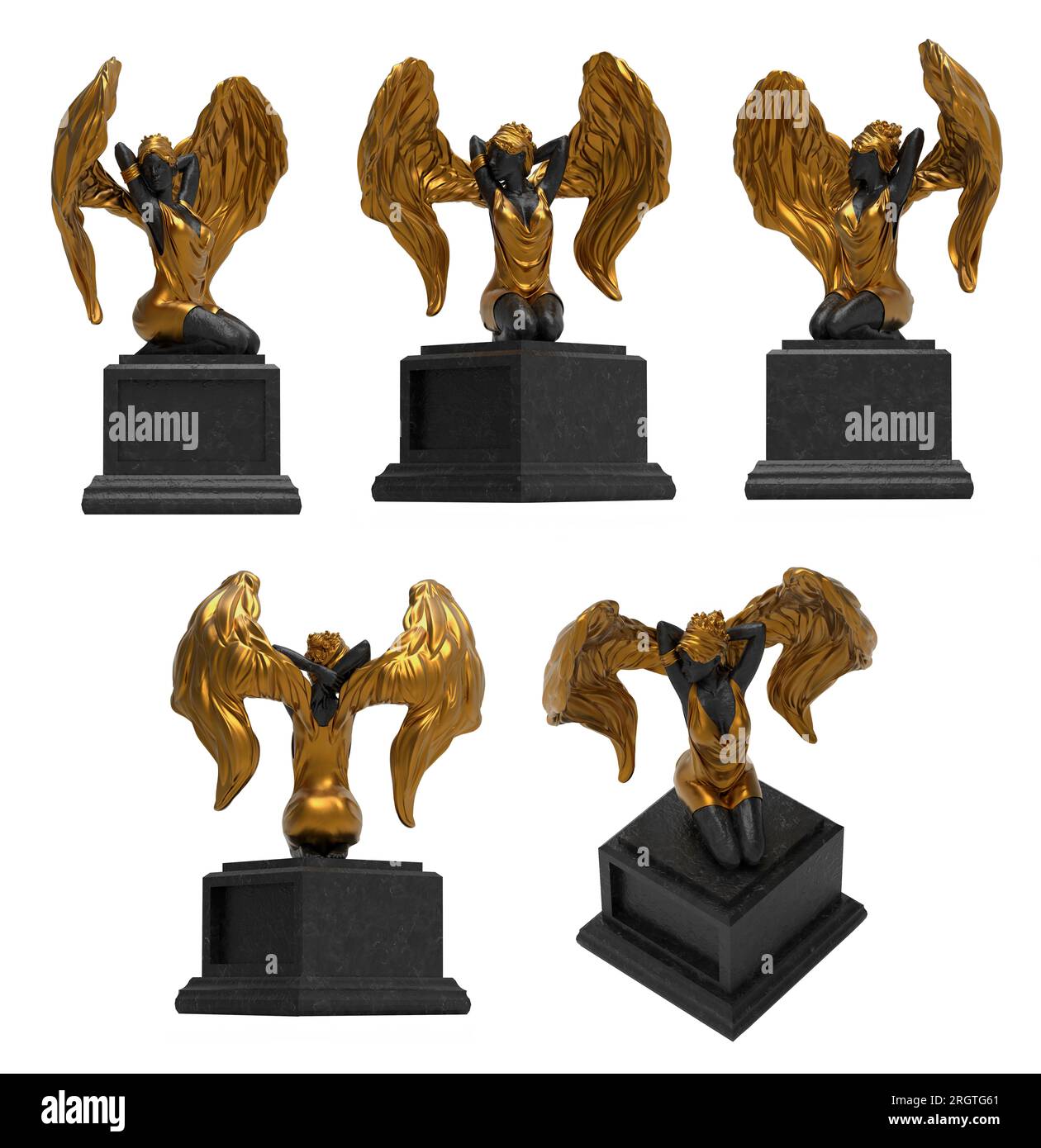Isolated 3d render illustration of black marble and golden female angel ...