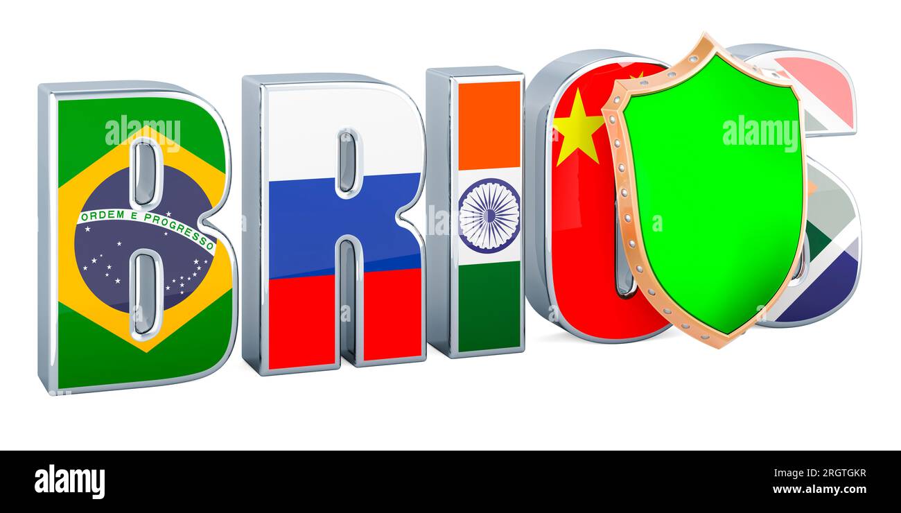 BRICS summit with shield, 3D rendering isolated on white background ...