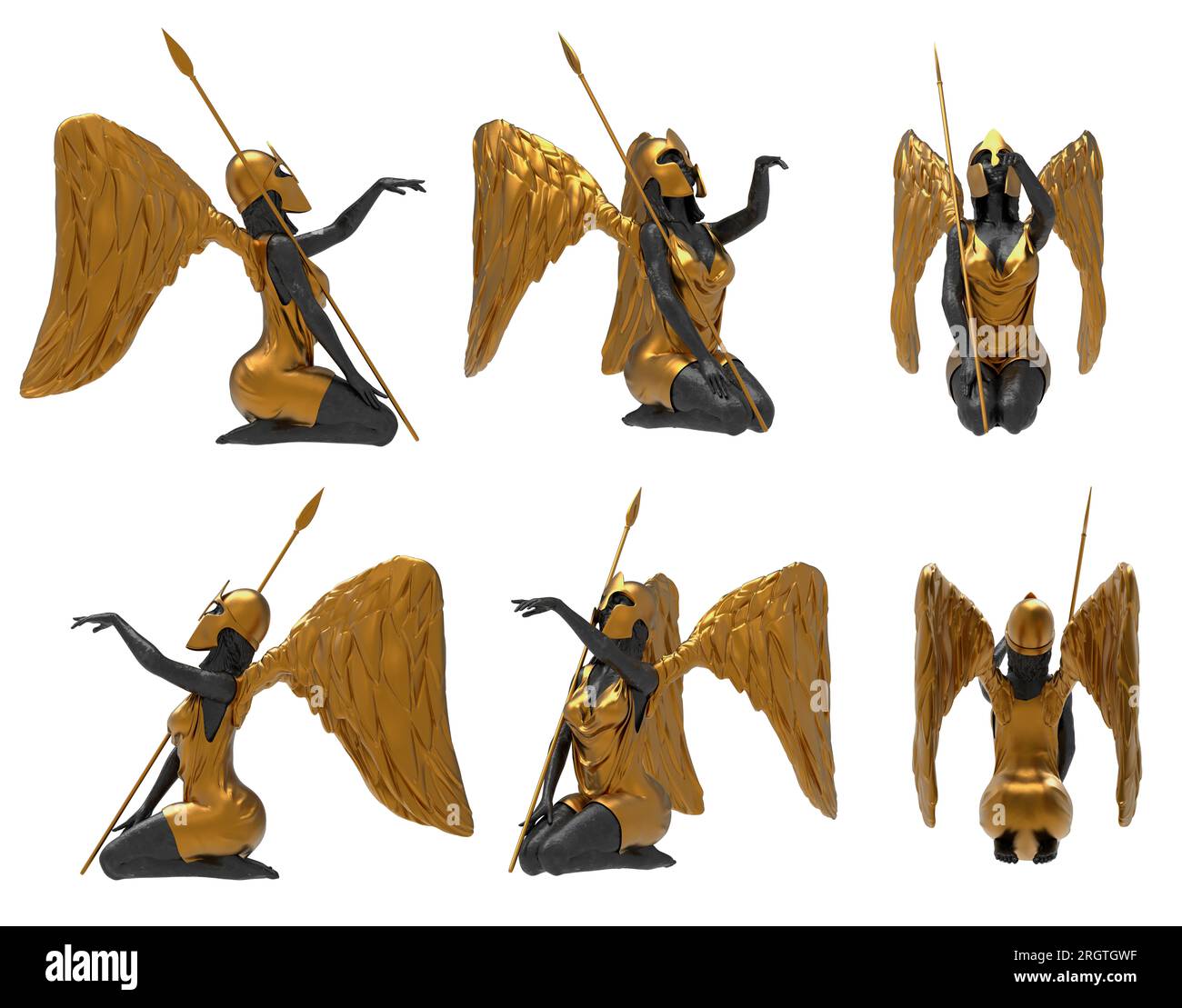 Isolated 3d Render Illustration Of Black Marble And Golden Guardian Warrior Angel Statue In