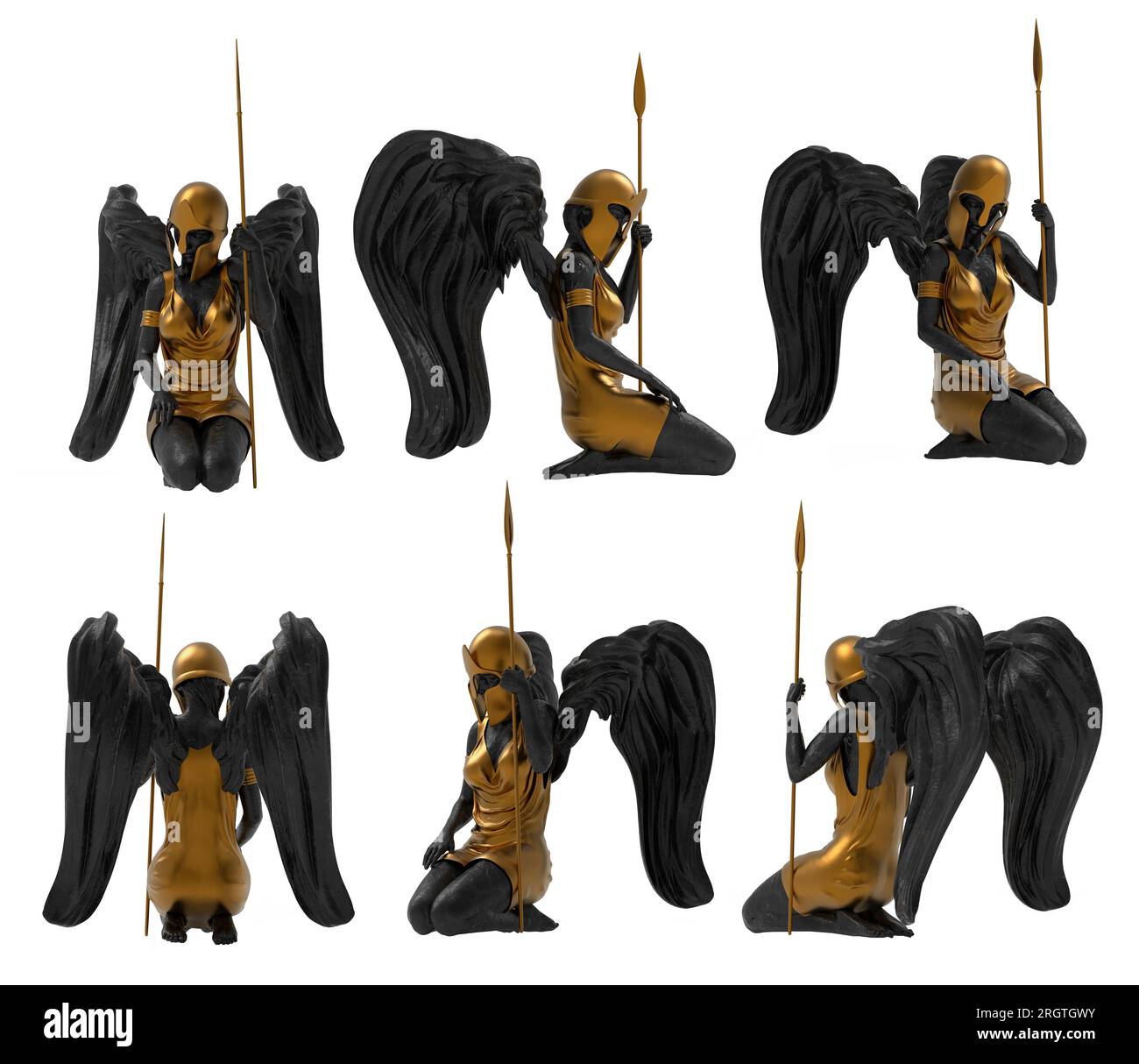 Isolated 3d render illustration of black marble and golden warrior ...