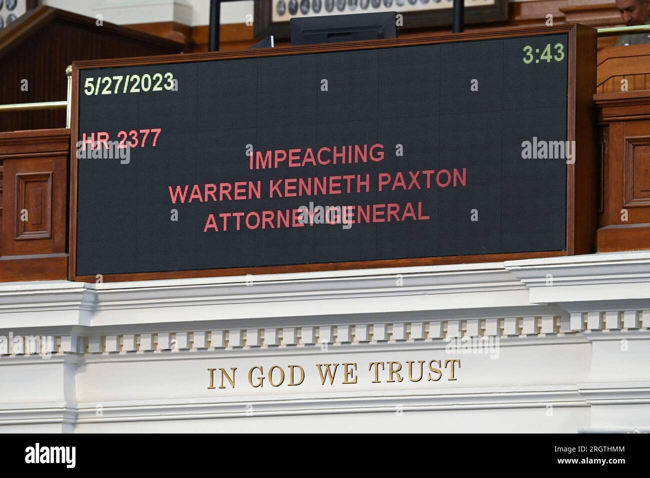 The electronic board in the Texas House on May 27, 2023 during the vote ...