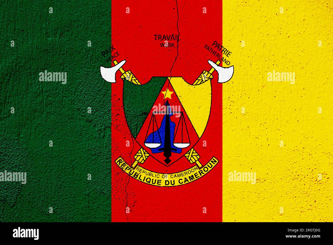 Flag and coat of arms of the Republic of Cameroon on a textured ...