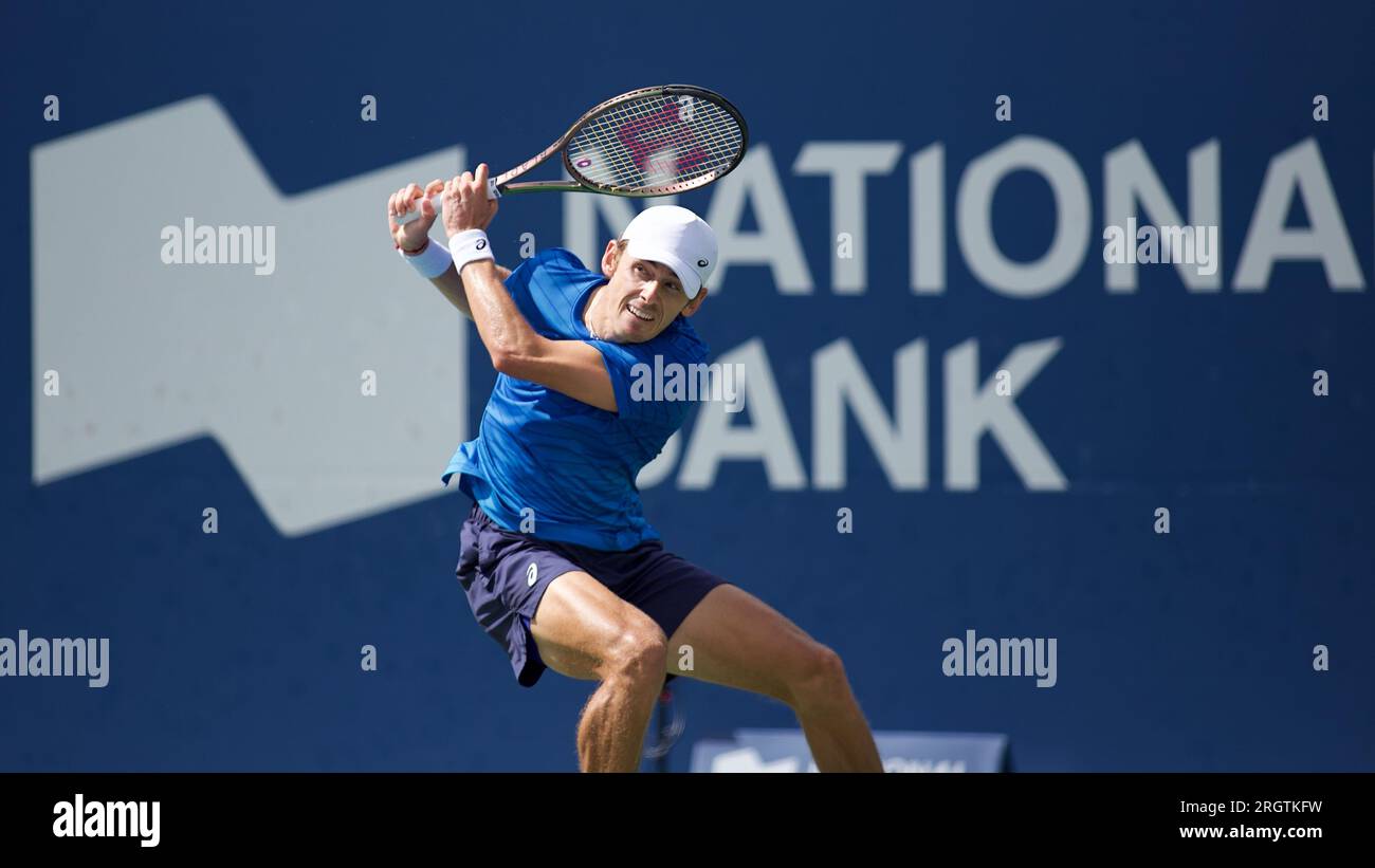 Alex de Minaur of Australia hits a backhand during his men's quarter ...