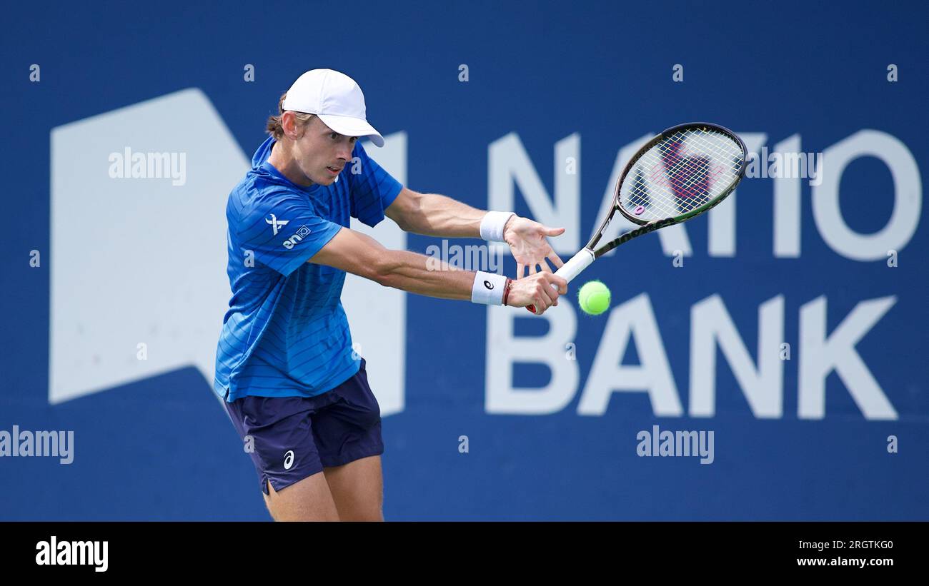 Alex de Minaur of Australia hits a backhand during his men's quarter ...