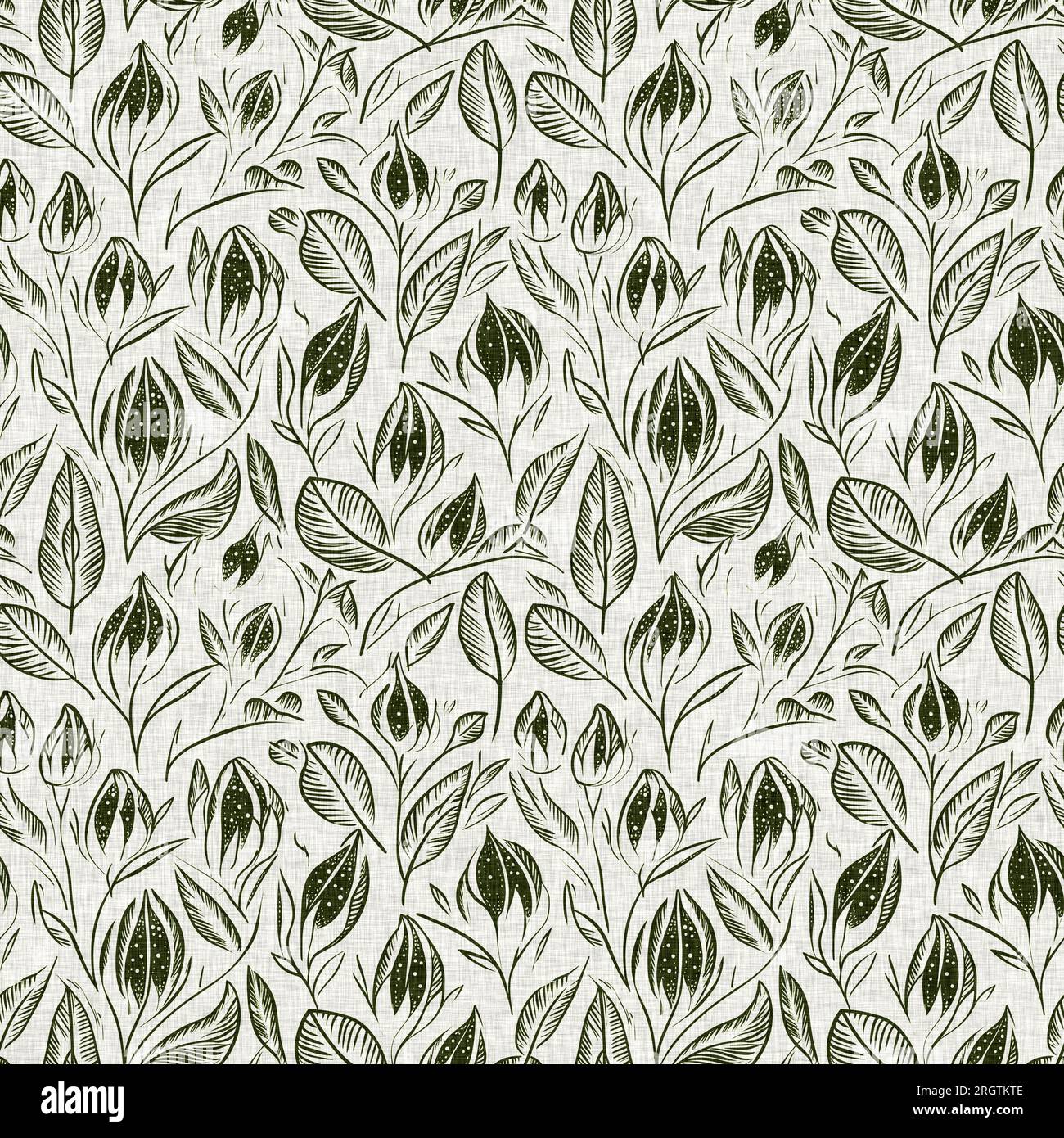 Forest green country floral blockprint linen seamless pattern. Allover ...