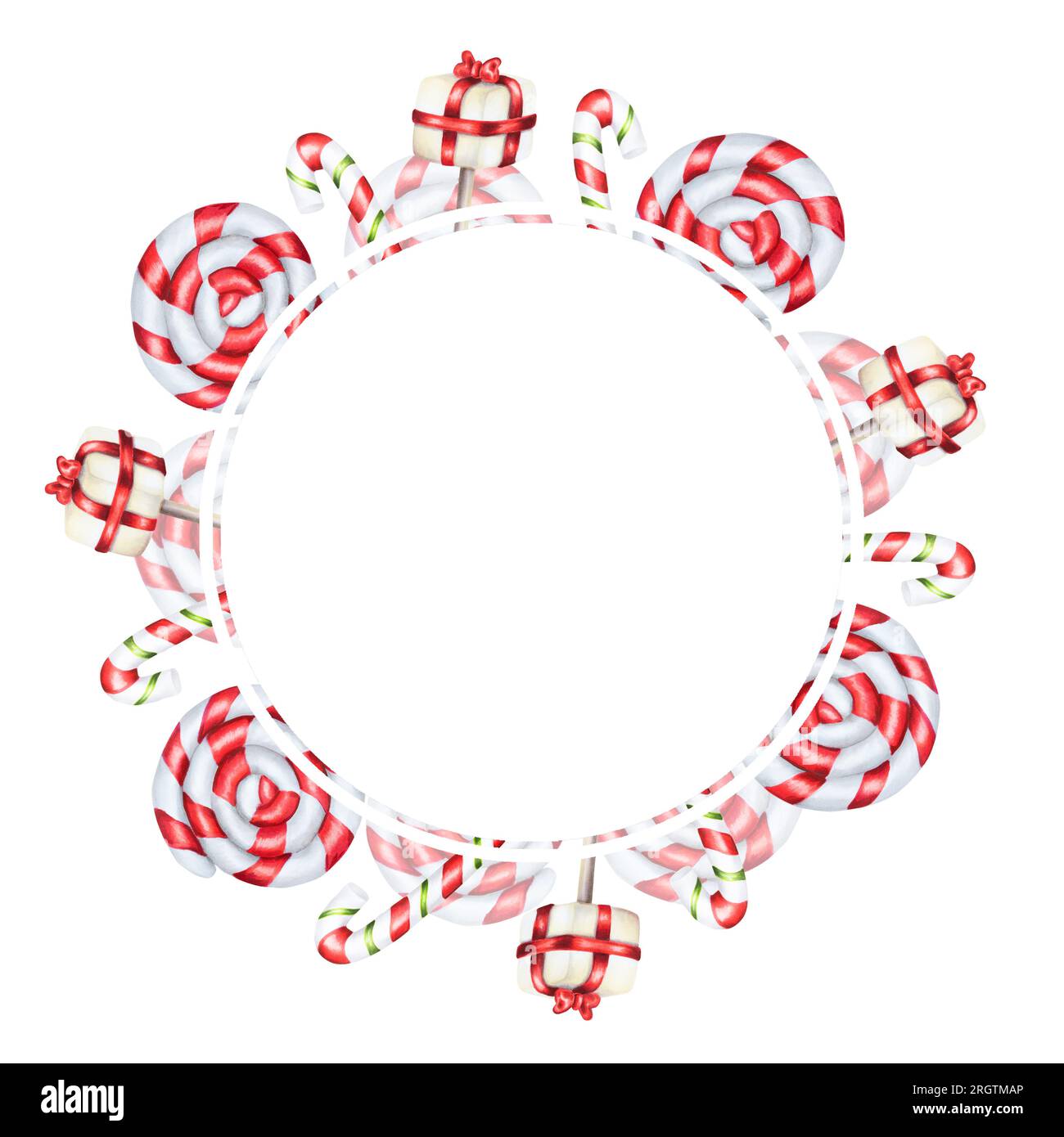 Watercolor frame with christmas candy canes illustration. New year hand ...