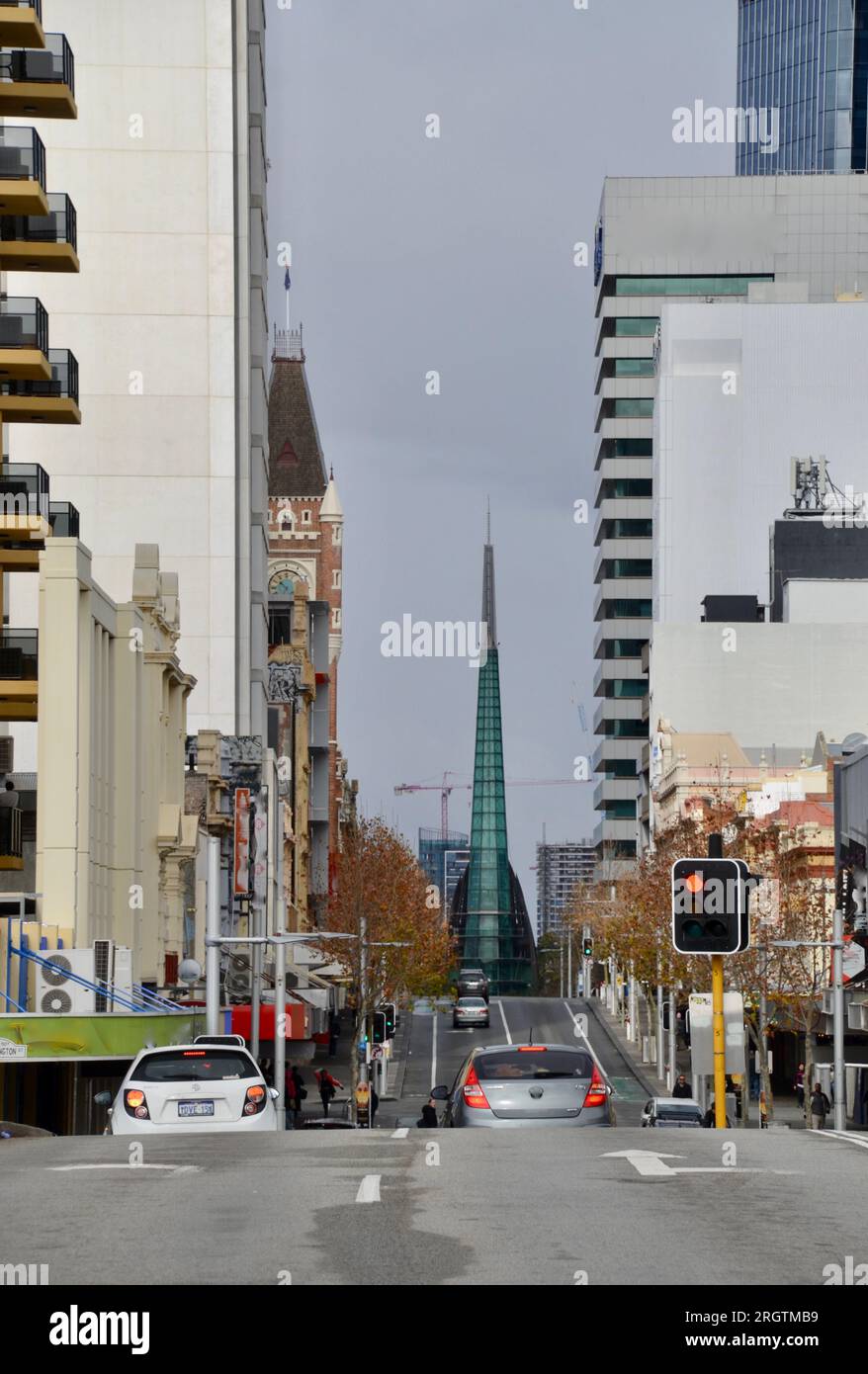 View down a city street in Perth, Western Australia, has the iconic ...