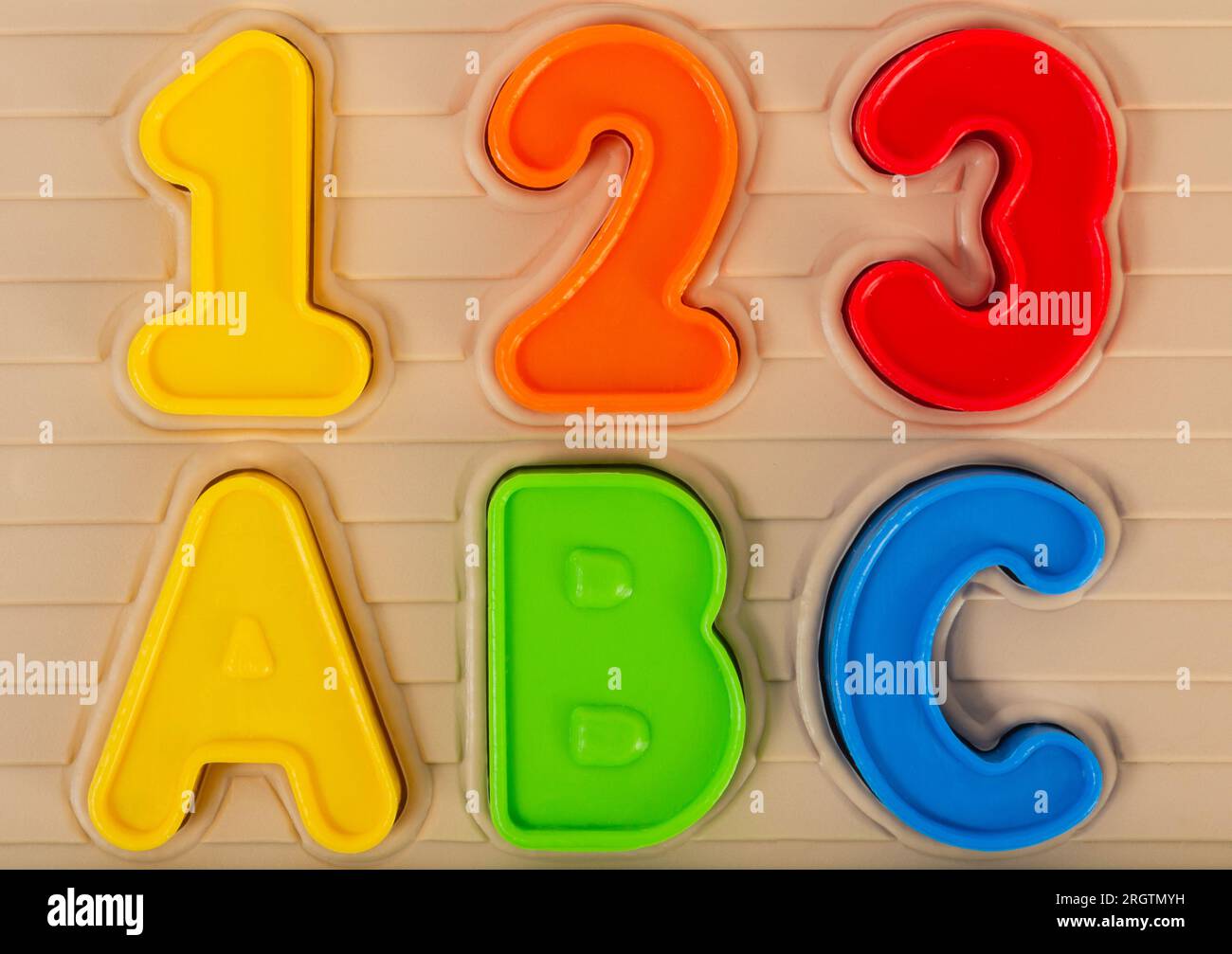 Close up photo of kids toy multi colored numbers and alphabet letters ...
